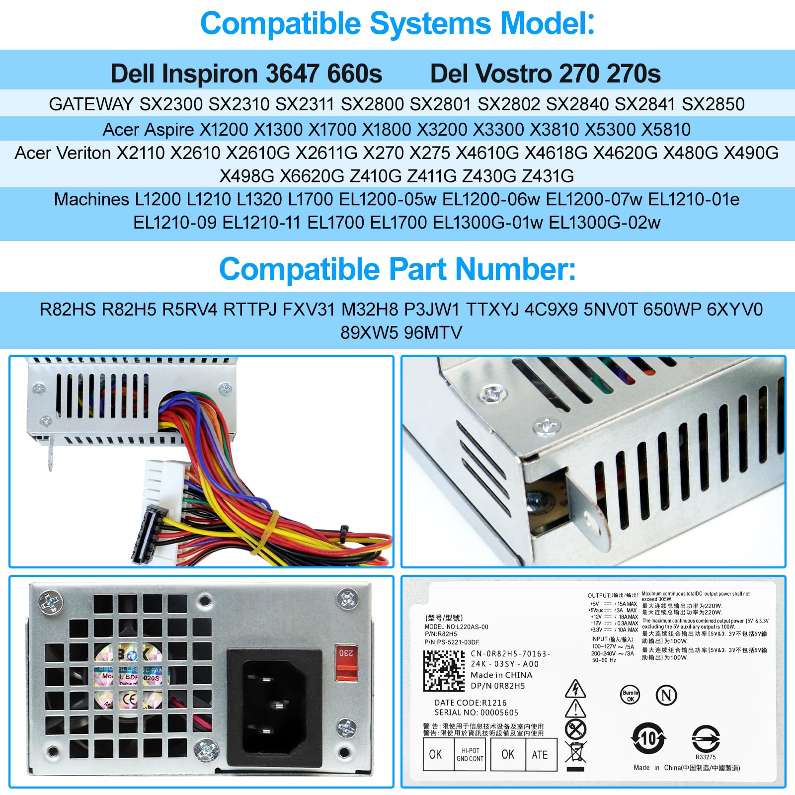 S-Union 220W Power Supply Compatible with Dell Inspiron 3647 660s Replacement for Acer X1420 X3400 eMachines Gateway Series Delta DPS-220UB A Liteon L220AS-00 L220NS-00 PS-5221-03DF R82HS 650WP P3JW1