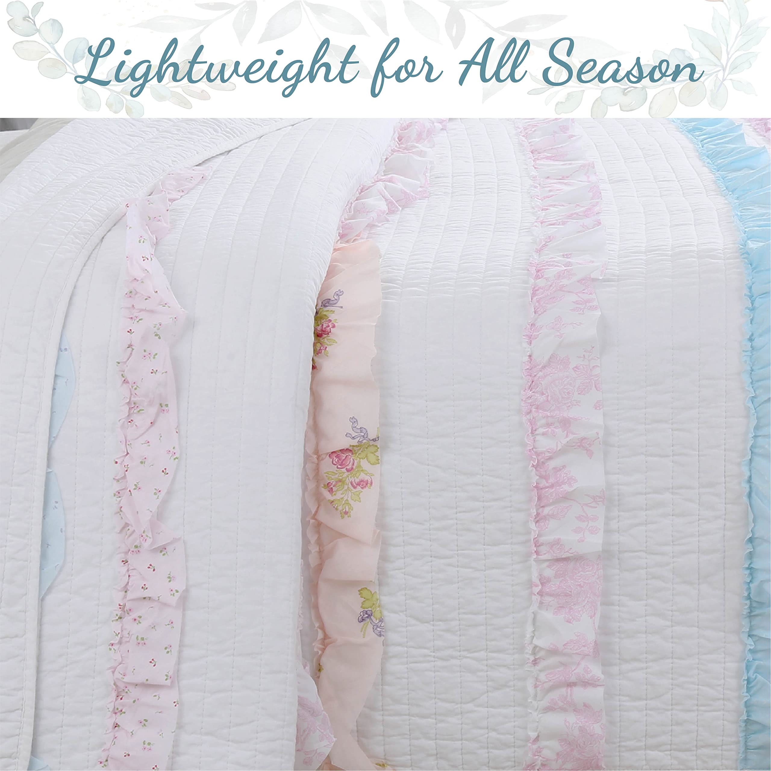 Cozy Line Home Fashions Light Pink Blue Coral White Ruffle 100% Cotton Reversible Girl Quilt Bedding Set, Reversible Coverlet Bedspread (Shabby Chic, Queen - 3 Piece)