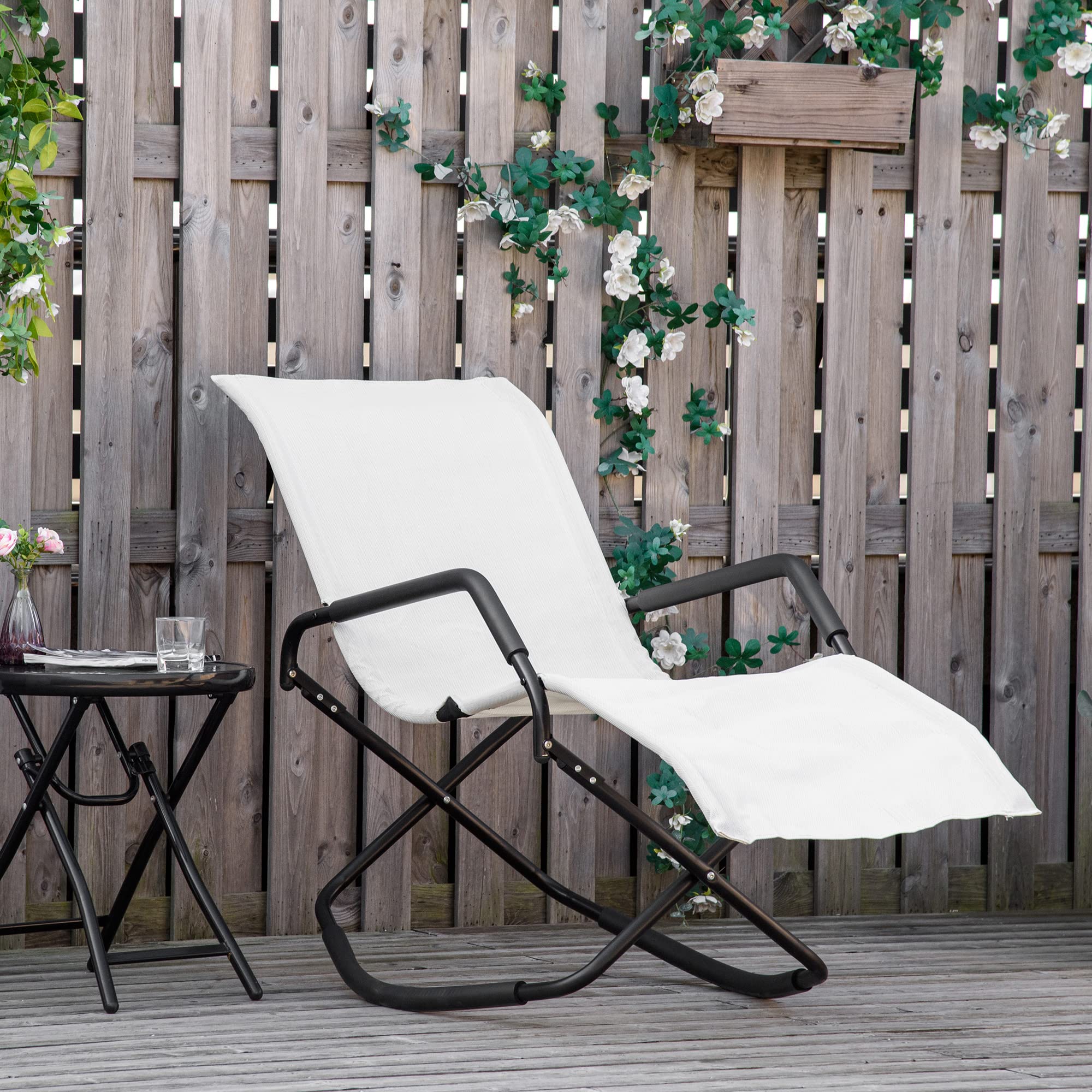 Outsunny Outdoor Folding Rocking Chair, Foldable Chaise Lounge Pool Chair with Armrests for Sun Tanning, Sunbathing, Rocker for Patio, Lawn, Beach, White