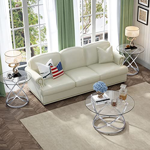OIOG Round Coffee Table, Glass Coffee Tables for Living Room, Modern Coffee Table with Tempered Glass Tabletop, Chrome Finish (Silver)