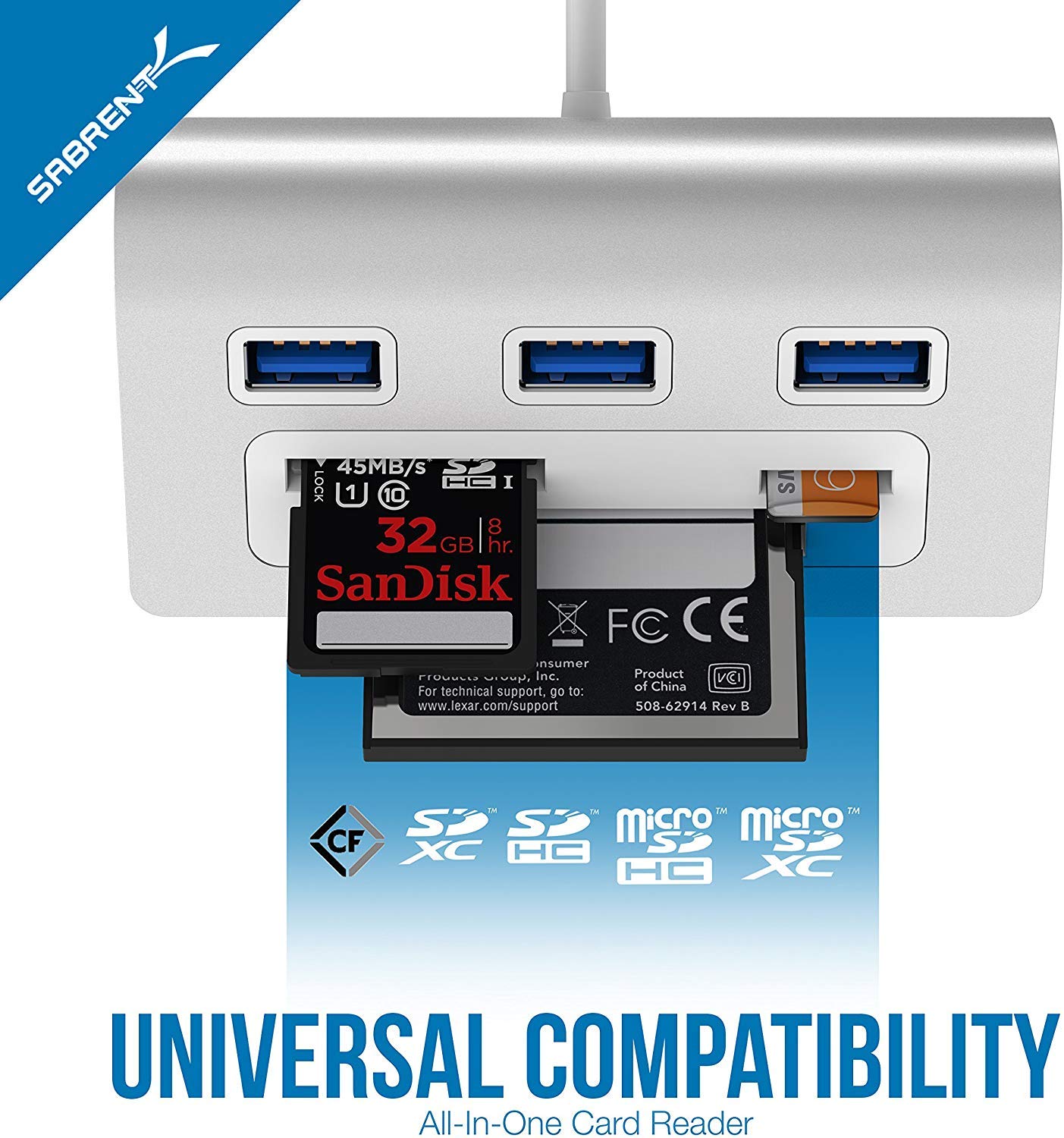 SABRENT Premium 3 Port Aluminum USB 3.0 Hub with Multi-in-1 Card Reader (12" Cable) for iMac, All MacBooks, Mac Mini, or Any PC (HB-MACR)