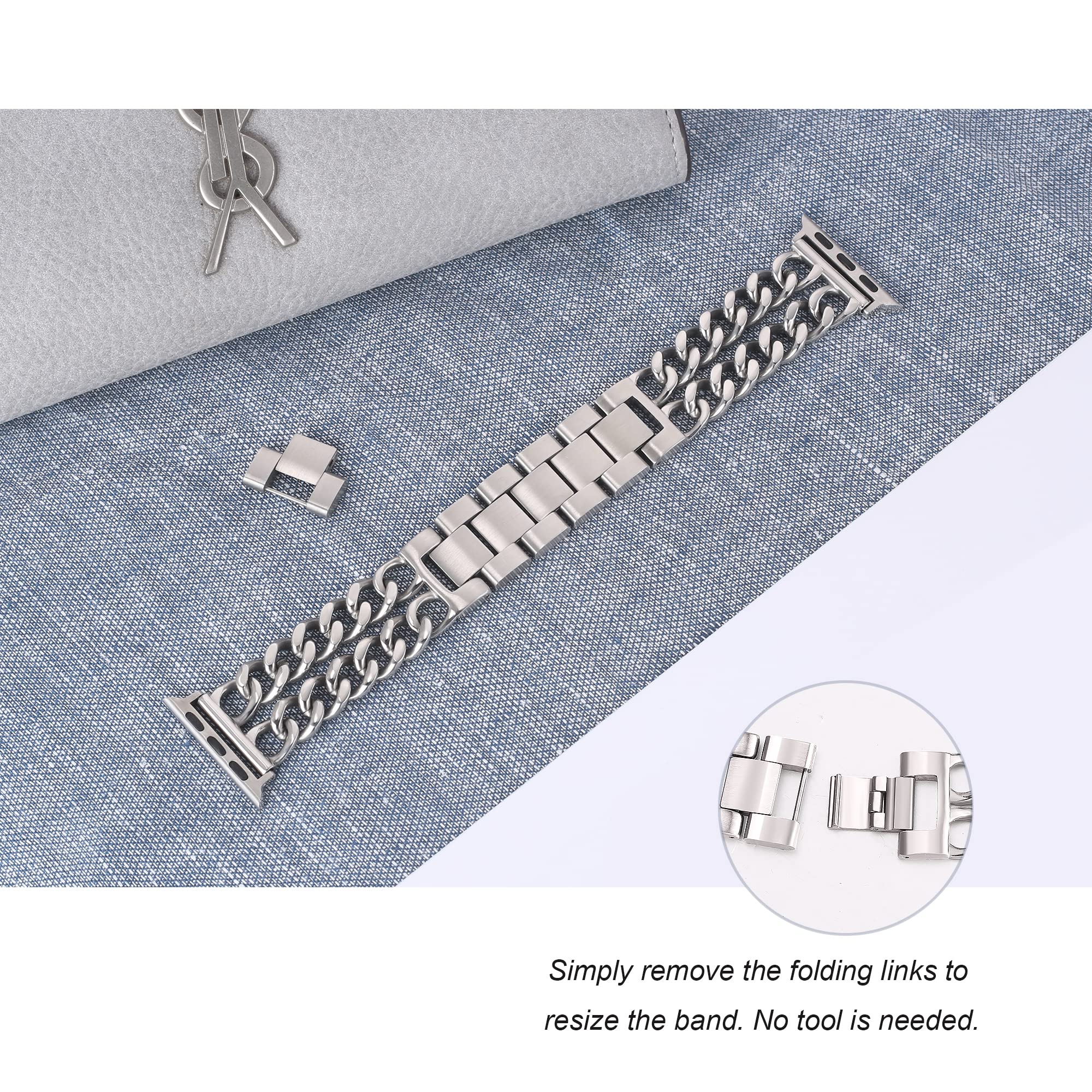 Secbolt Bands Compatible Apple Watch 38mm 40mm 41mm iWatch Series 9 8 7 6 5 4 3 2 1 SE Stainless Steel Chain Links Replacement Strap, Silver