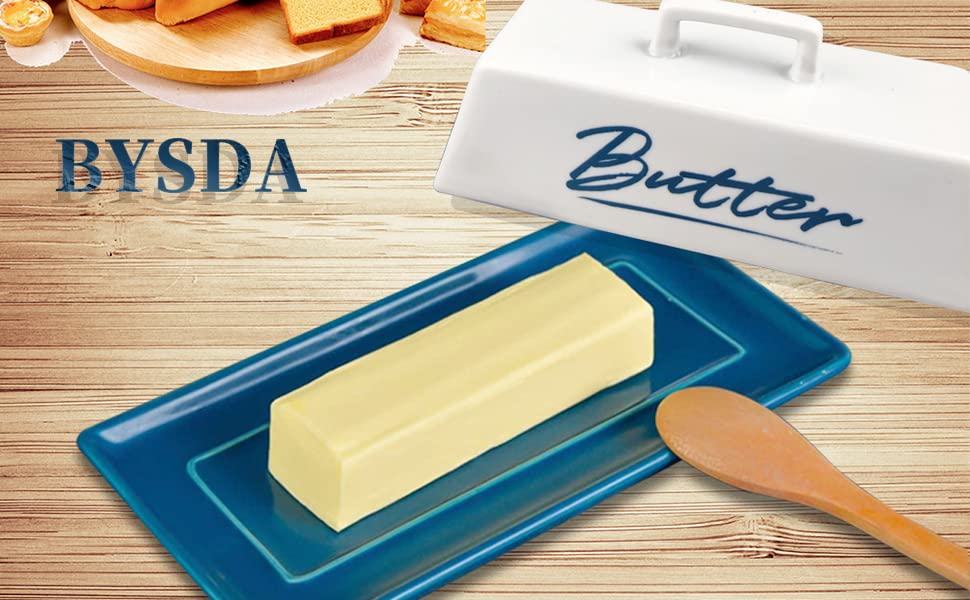 Butter Dish, Ceramic Butter Dish with lid Butter dish with Tray and Deluxe Butter Keeper Polished Ceramic Butter Holder (DM)