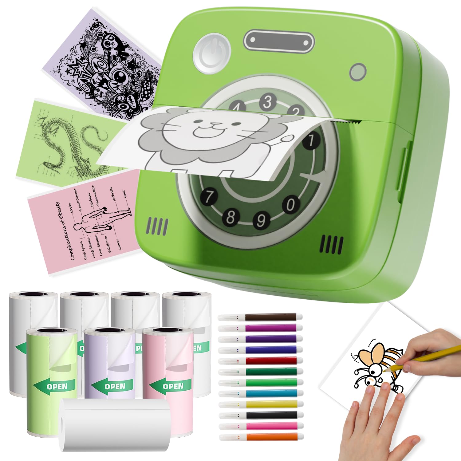 DOLEWA Mini Sticker Printer, Portable Pocket Note Printer with 8 Rolls Color Paper, Bluetooth Inkless Thermal Printer for iOS Android/Tablet, Journal/Photo/Study/Memo/List/Scrapbook (Vintage Phone)
