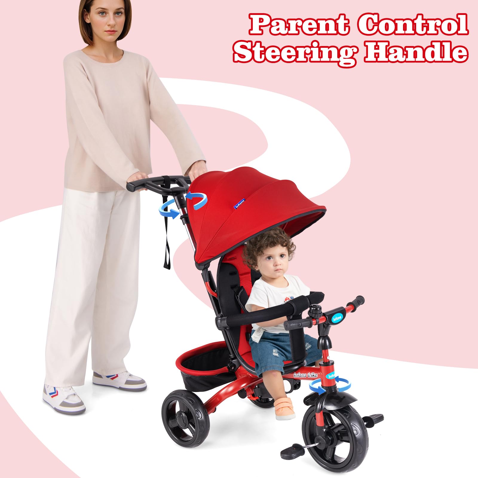 INFANS Kids Tricycle, 6 in 1 Stroll Trike with Adjustable Push Handle, Removable Canopy, Retractable Foot Plate, Lockable Pedal, Detachable Guardrail, Suitable for 10 Months to 5 Years (Red)