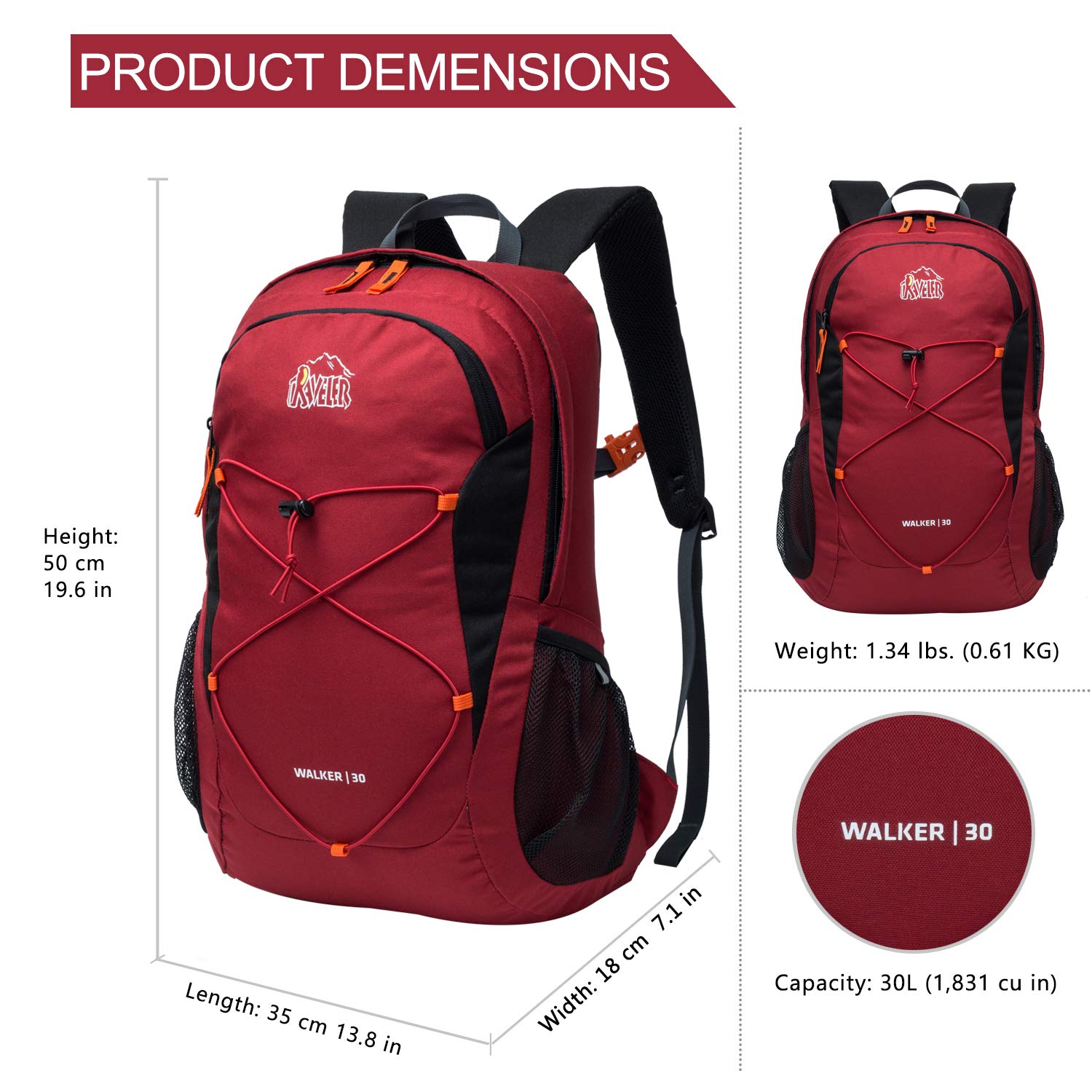 Aveler 30L Unisex lightweight Daypack for Women and Man, Water Resistance Backpack for Travel, Hiking, Camping - Red