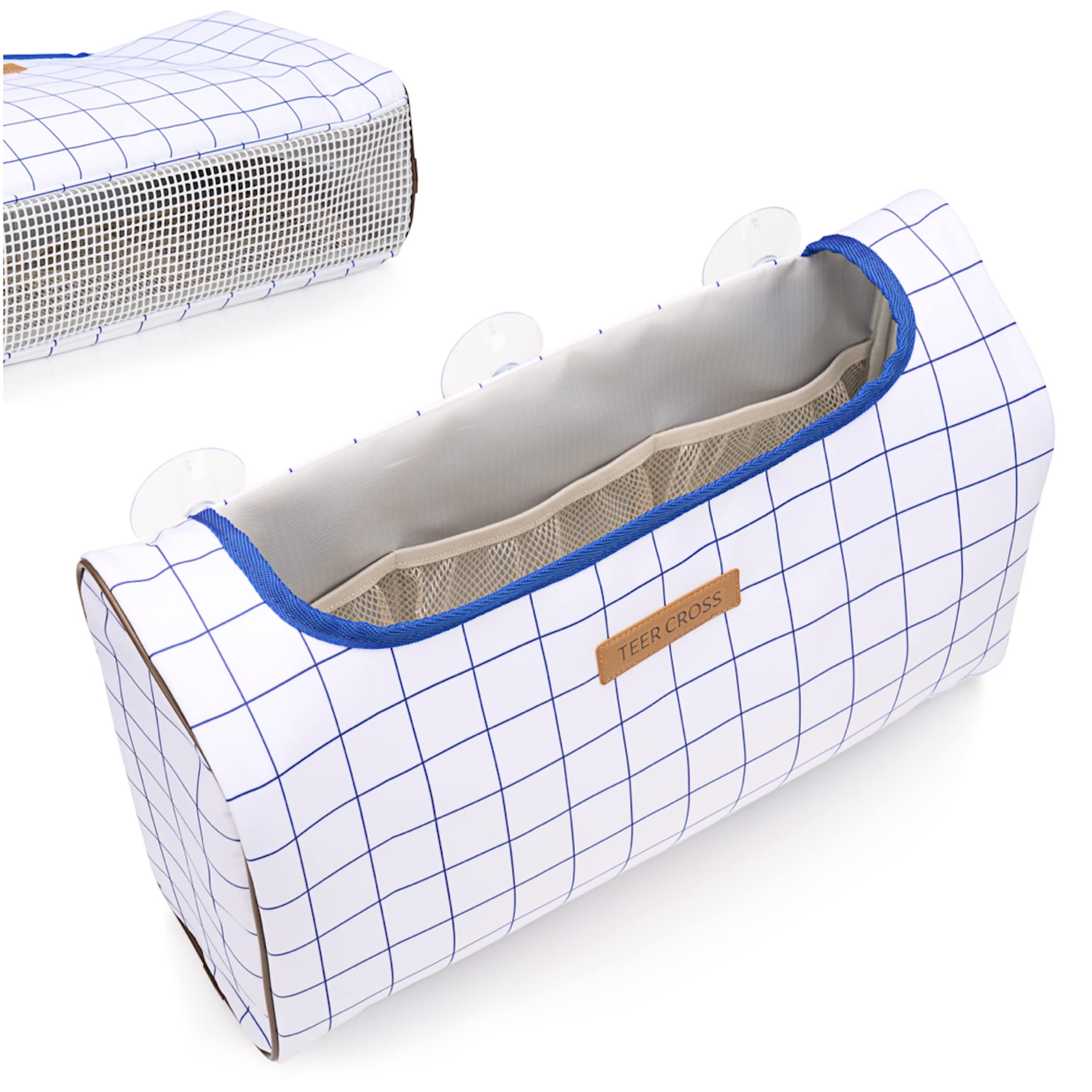 Large Bath Toy Storage with A Quick Dry Mesh Base. Sturdy Bath Toy Holder with 3 Strong Suction Cups. The Bath Toy Organizer Keeps Your Bathroom Tidy. Bathtub Toy Holder (Blue Check)