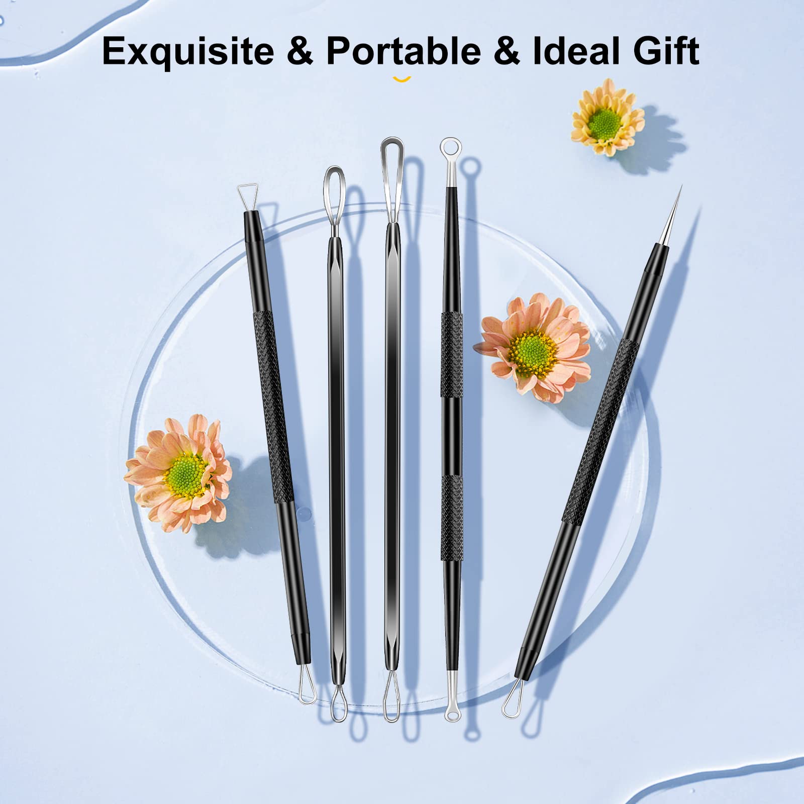 Blackhead Remover Tools, Pimple Extractor, Black Head Extractions Tool for Facefacial Tools Removal Kit for Blemish, Whitehead Popping, Zit Removing for Nose Face Tools with a Leather Bag (Black)