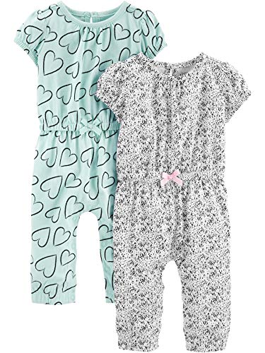 Simple Joys by Carter's Baby Girls' Fashion Jumpsuits, Pack of 2, Grey Dots/Mint Green Hearts, 12 Months
