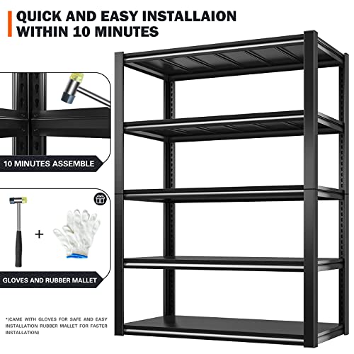 REIBII 48" Wide Garage Shelving Heavy Duty 72"H Garage Storage Shelves 2750LBS Heavy Duty Shelving Adjustable 5 Tier Metal Shelving for Garage Storage Shelving Industrial Shelving Storage Rack, Black