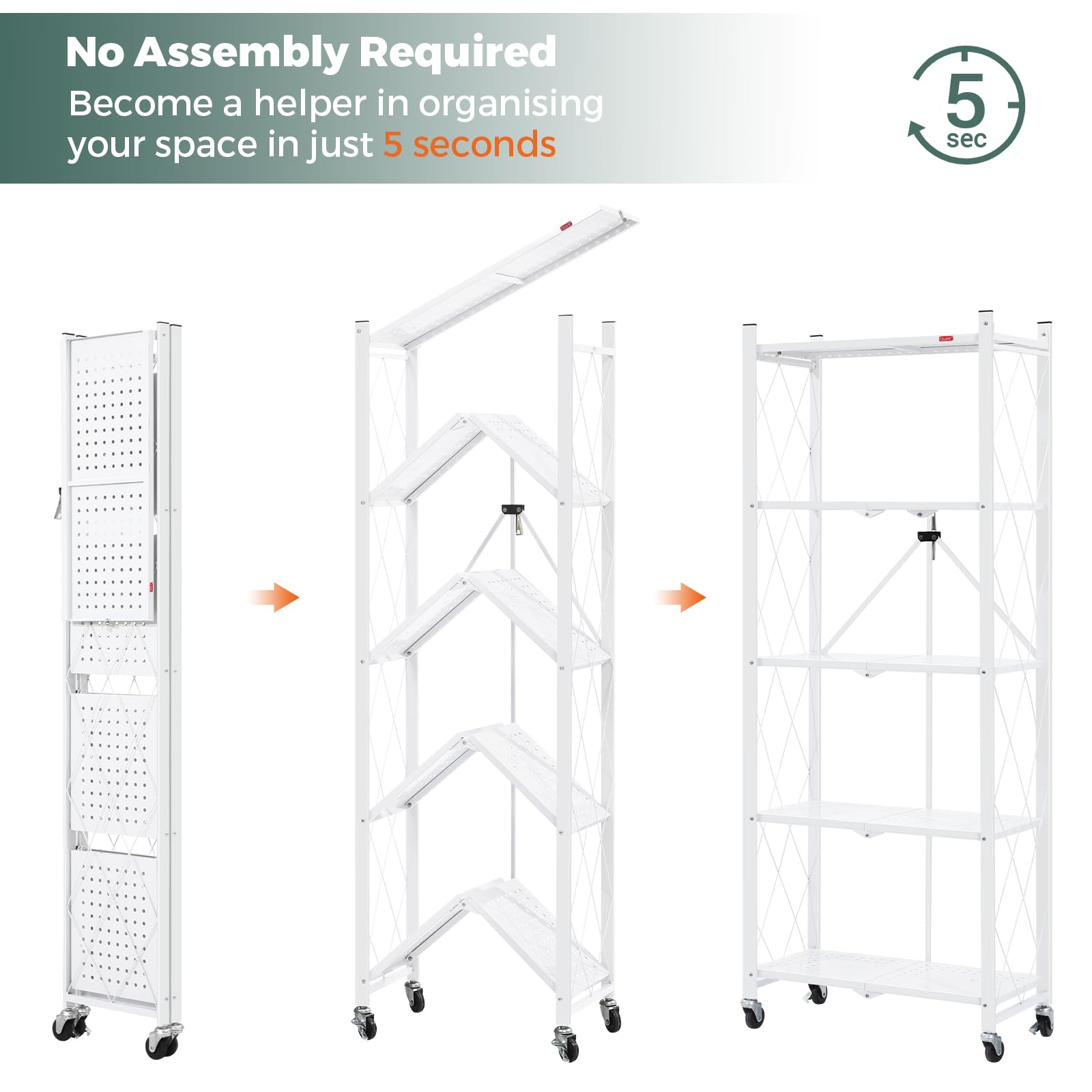 DEANIC 5-Shelf Folding Bookcase with Wheels, Heavy Duty Storage Shelves, Freestanding Metal Wire Shelving Unit for Living Room, Office, Kitchen, Basement, Pantry (White)