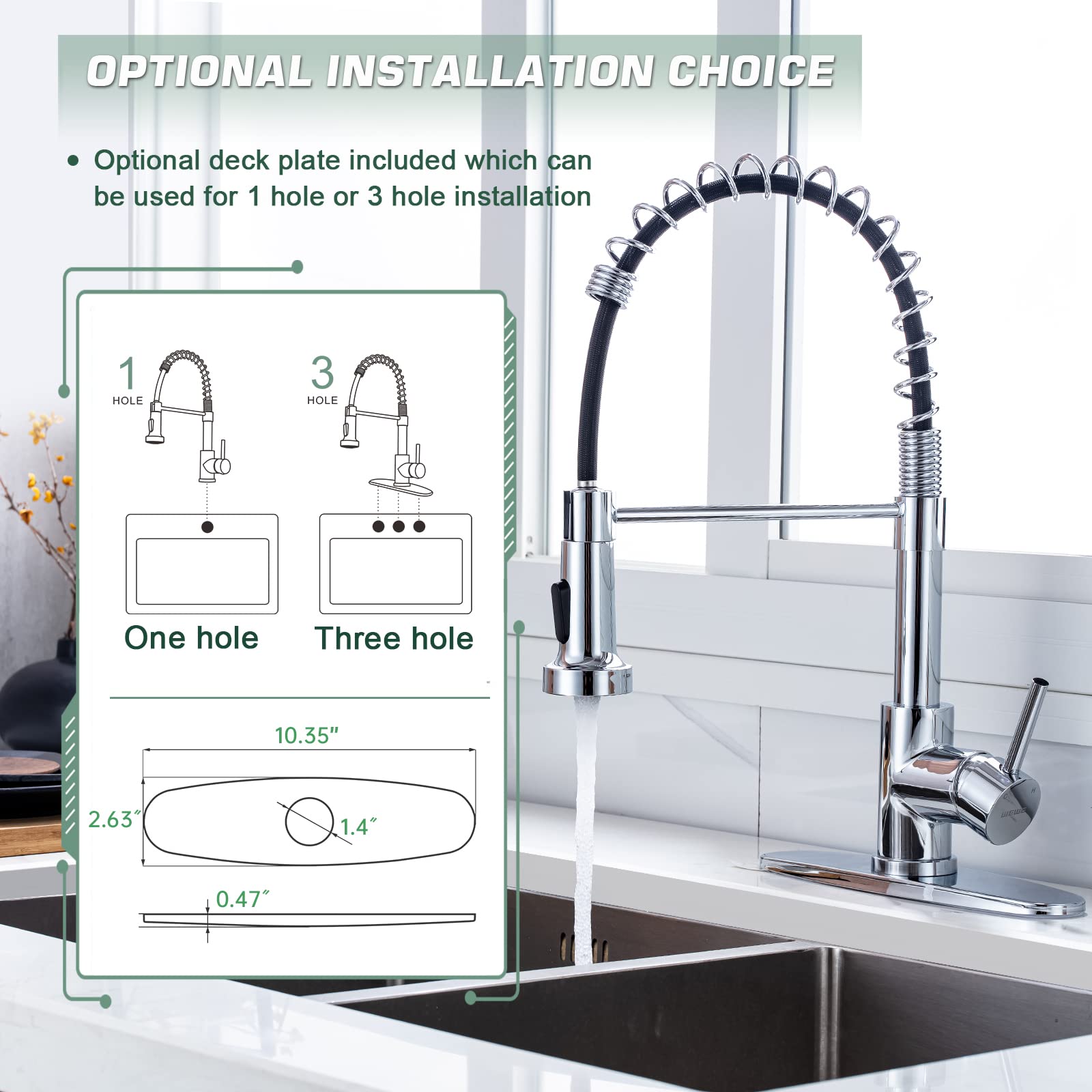 Chrome Kitchen Faucet, Faucet for Kitchen Sink with Pull Down Sprayer WEWE Kitchen Faucet with Deck Plate Stainless Steel Single Handle Spring for Farmhouse with Female 1/2 Adapters