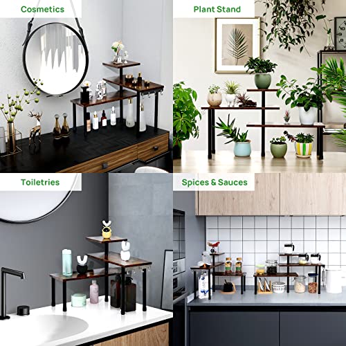 Ollieroo Kitchen Counter Shelf Organizer, 3 Tier Corner Shelf Bathroom Countertop Organizer with Hooks, Space Saving Makeup Organizer Spice Rack Corner Plant Shelf