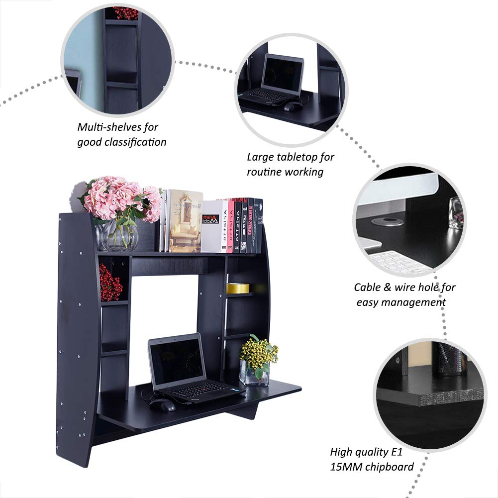 Binrrio Wall-Mounted Computer Desk, Storage Tray Floating Desk, Wood Compact Home Office Desk, Laptop PC Table Writing Study Table, Workstation with Storage Drawer & Shelves (Black)