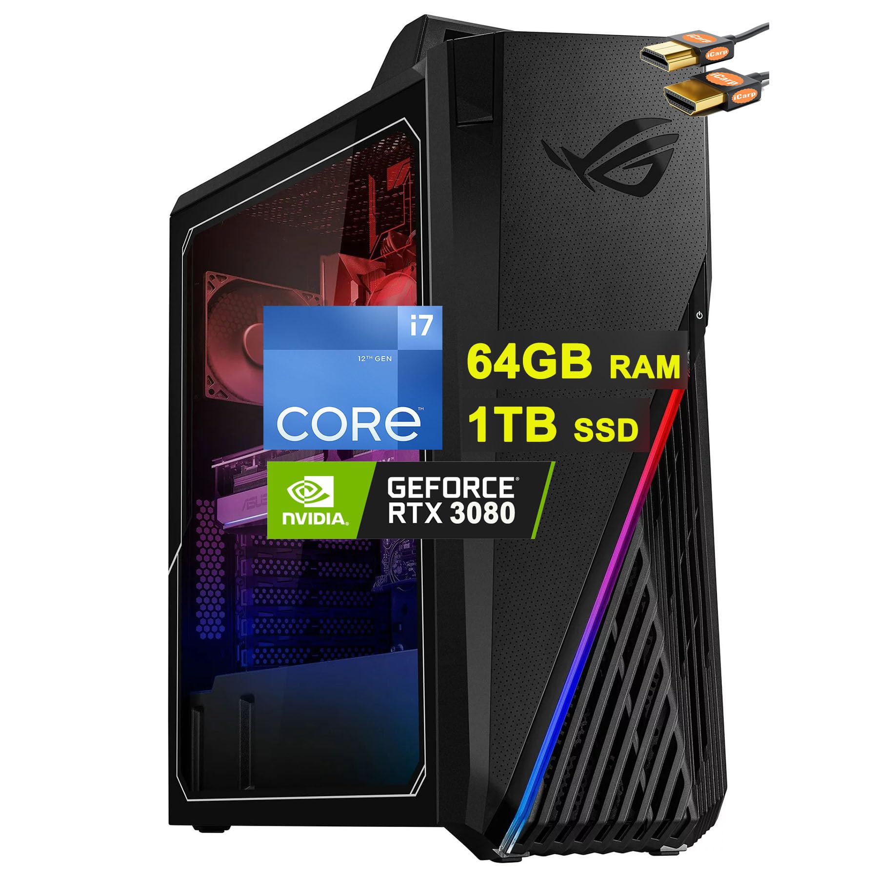 Asus ROG Strix GT15 G15 Gaming Desktop Intel 12-Core i7-12700F Processor 64GB RAM 1TB SSD Geforce RTX 3080 LHR 10GB Graphic DisplayPort Aura Sync Lighting Win11 + HDMI Cable