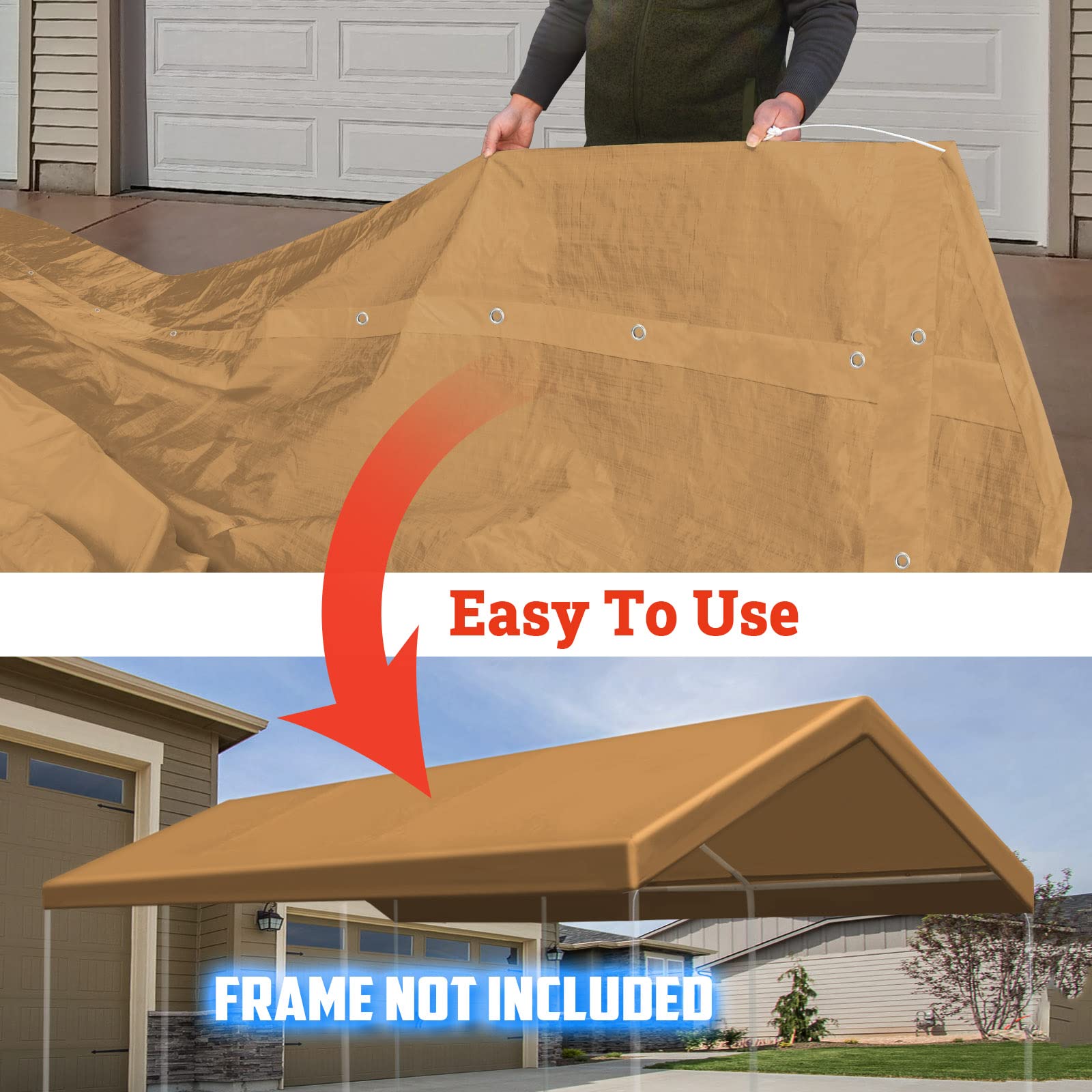 BenefitUSA 12'x20' Upgraded Carport Canopy Tent Garage Replacement Car Shelter Cover with Bungees,Frame is not Included (Tan)