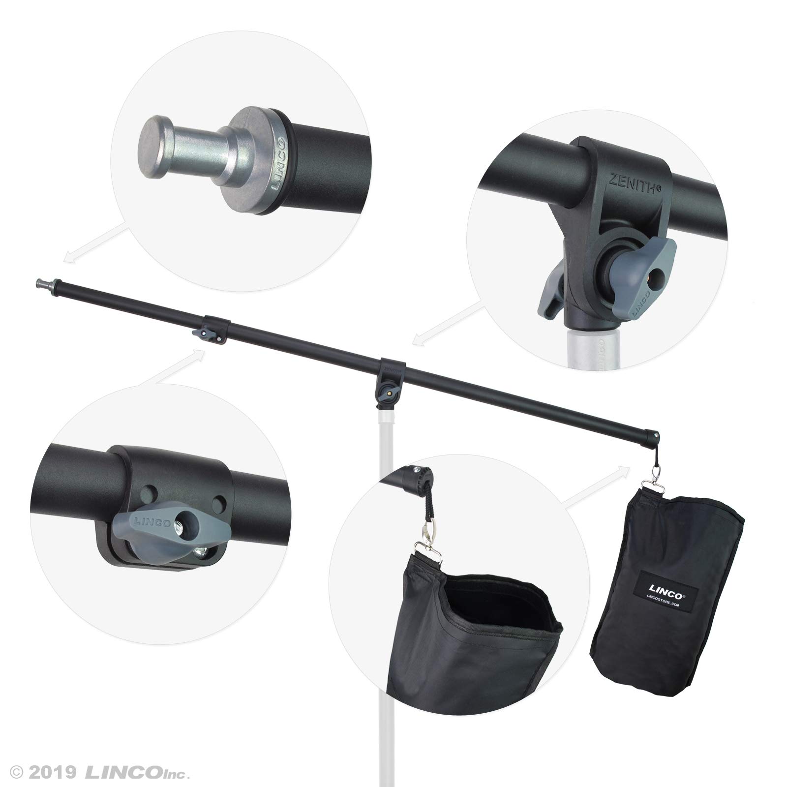 LINCO Lincostore 2.5ft to 5ft Adjustable Overhead Light Boom Arm with Universal Tripod Clamp & Counter-Weight Bag 4255K