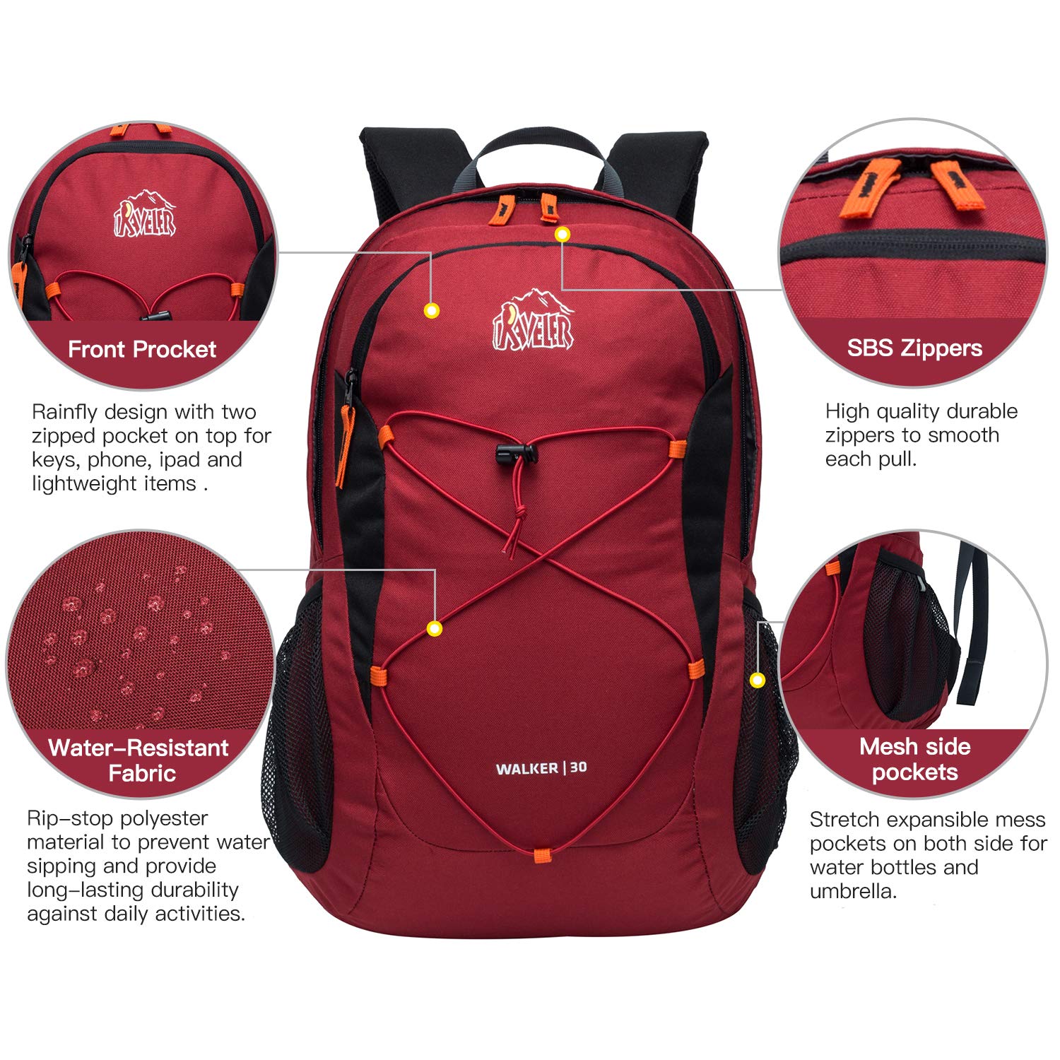 Aveler 30L Unisex lightweight Daypack for Women and Man, Water Resistance Backpack for Travel, Hiking, Camping - Red