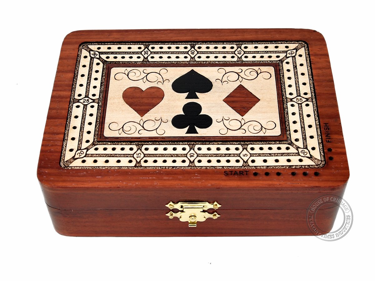 House of Cribbage - 2 Track - Wooden Cribbage Board/Box - Inlaid in Bloodwood/Maple Wood - Storage for Pegs & One Deck of Cards - 60 Points - Non Continuous