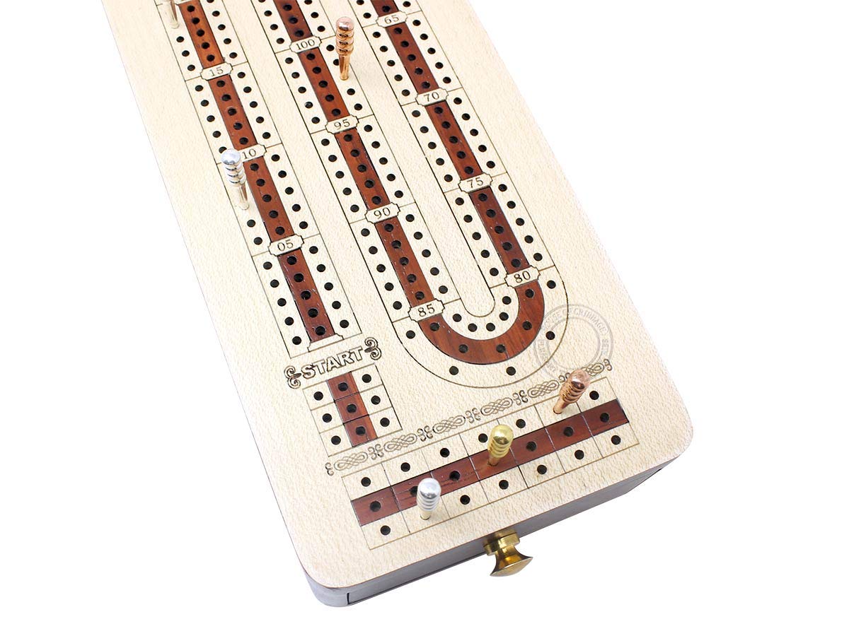 House of Cribbage Continuous Cribbage Board Alphabet e Shape Inlaid in Maple and Bloodwood with Storage Drawer for pegs and Cards - 3 Tracks