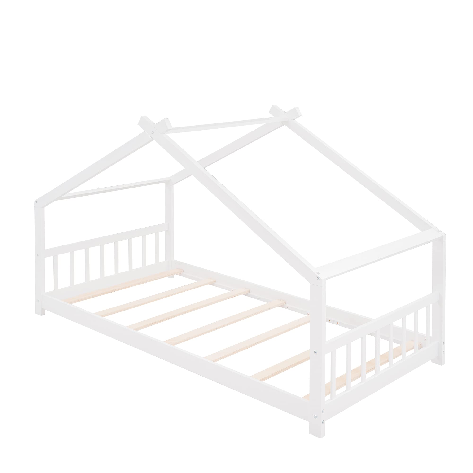 Merax Twin Wood Low House Bed with Headboard and Footboard Floor Bed Frame for Boys,Girls, Easy Assembly (Twin, White)