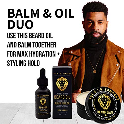 Beard Balm for Men - The B.I.G. Company - Beard Moisturizer & Conditioner with Beeswax for Medium Hold Styling Ease - Black Seed Oil & Argan Oil Supports Beard Growth [Classy Regal Vanilla Scent]
