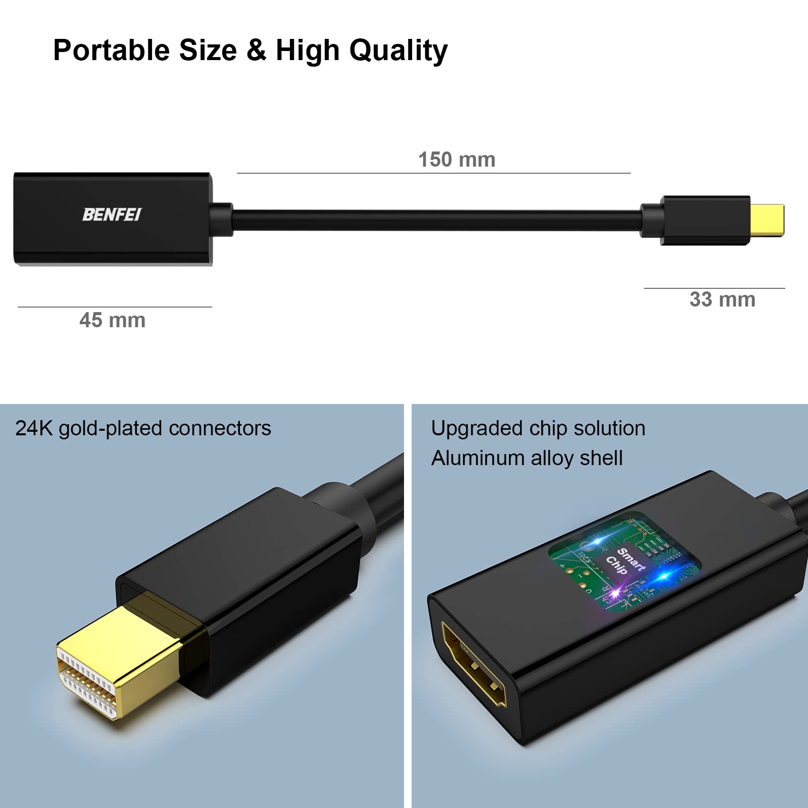 BENFEI Mini DisplayPort to HDMI, Mini DP to HDMI 4K Adapter (Thunderbolt Compatible) Gold-Plated Cord Compatible for MacBook Pro, MacBook Air, Mac Mini, Microsoft Surface Pro 3/4