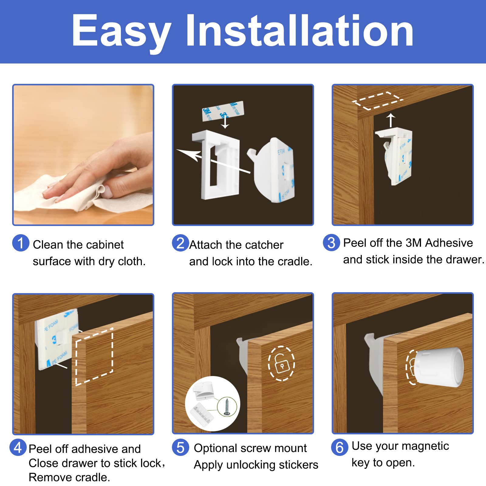Baby Proofing Magnetic Cabinet Locks, Child Proof Safety Latches for Drawer Cupboard Kitchen Bedroom, Adhesive or Screw Two Installation Methods (10 Locks & 2 Keys)