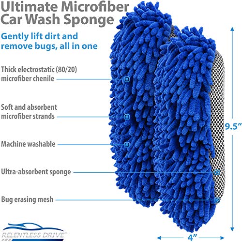 Relentless Drive Car Wash Sponges (2 Pack) – Microfiber Sponge, Ultra Soft, Lint and Scratch-Free, Premium Chenille Microfiber, Sponges for Washing Car, Truck, SUV, RV, Boat, and Motorcycle