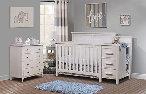 Sorelle Furniture Farmhouse Crib and Changer with Rustic Solid Back Classic -in- Convertible Diaper Changing Table Non-Toxic Finish Wooden Baby Bed Toddler Full-Size Nursery - Weathered White