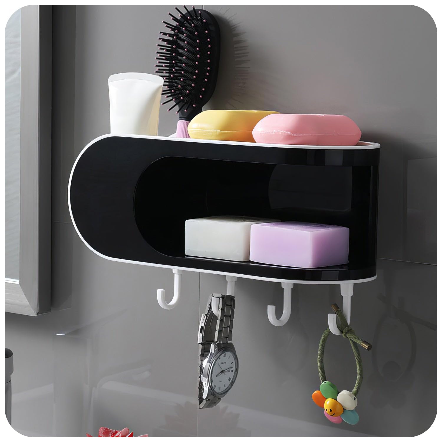 DECADOM Small Shower Caddy Adhesive Storage Organizer Durable Bath Space-Saving Design with 4 Removable Hooks Ideal for Sponge and Shelving Decor, Washroom and Kitchen Essential, Color Black