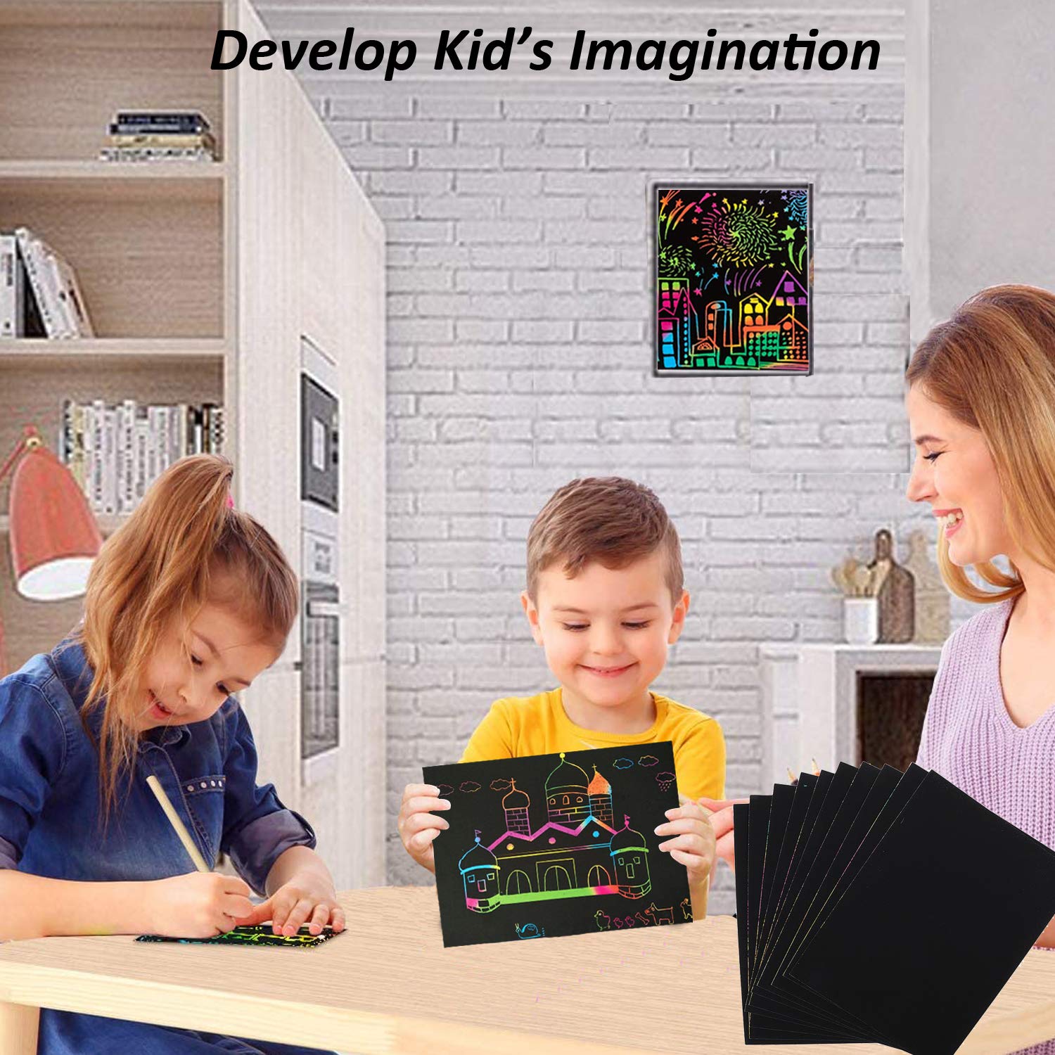 IRuiYinGo Scratch Art Paper for Kids - 64Pcs Rainbow Magic Scratch Off Sheet for DIY Art Craft Project, Birthday Christmas Easter Gifts Party Favors