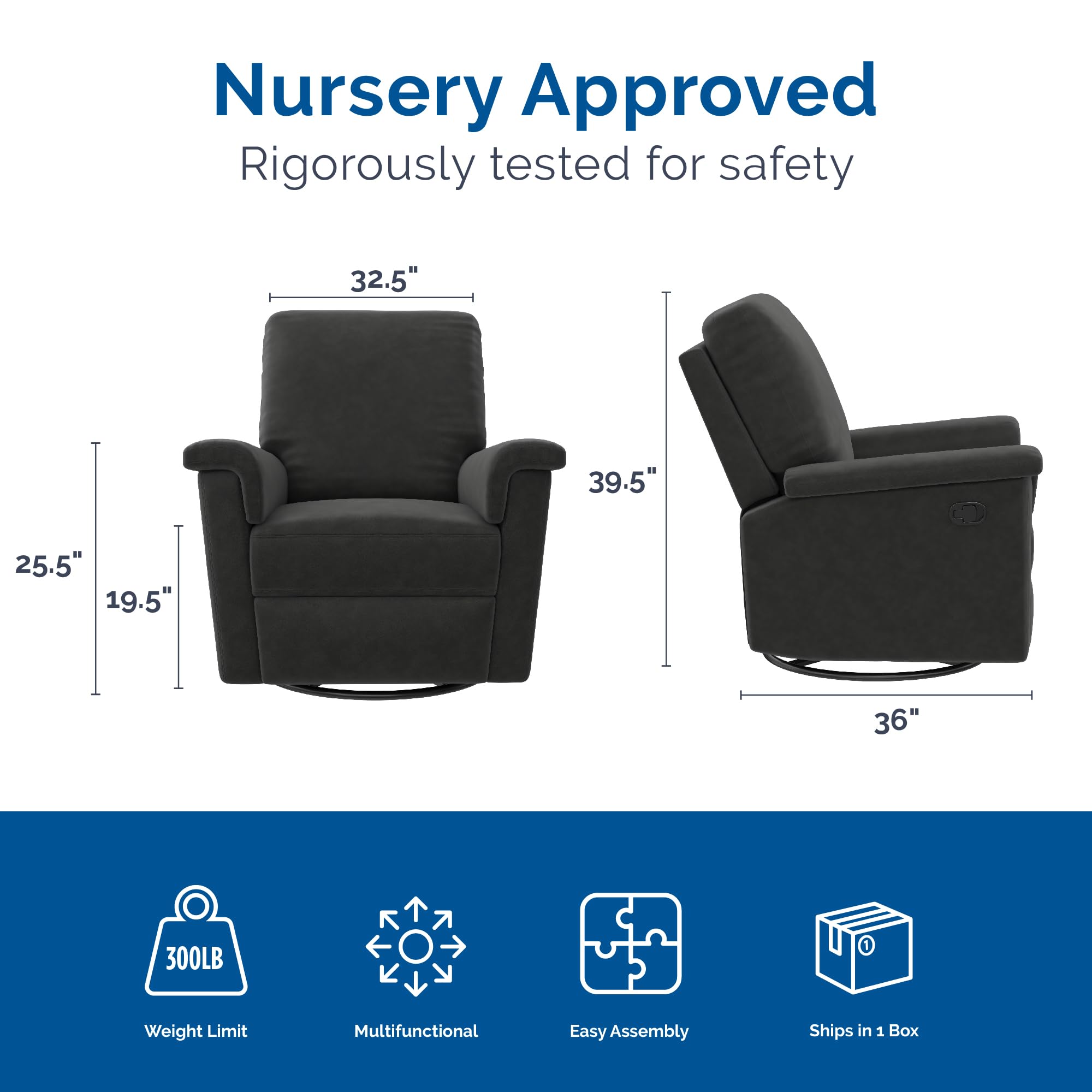 Baby Relax Terrin 3-in-1 Gliding Swivel Recliner Chair, Charcoal