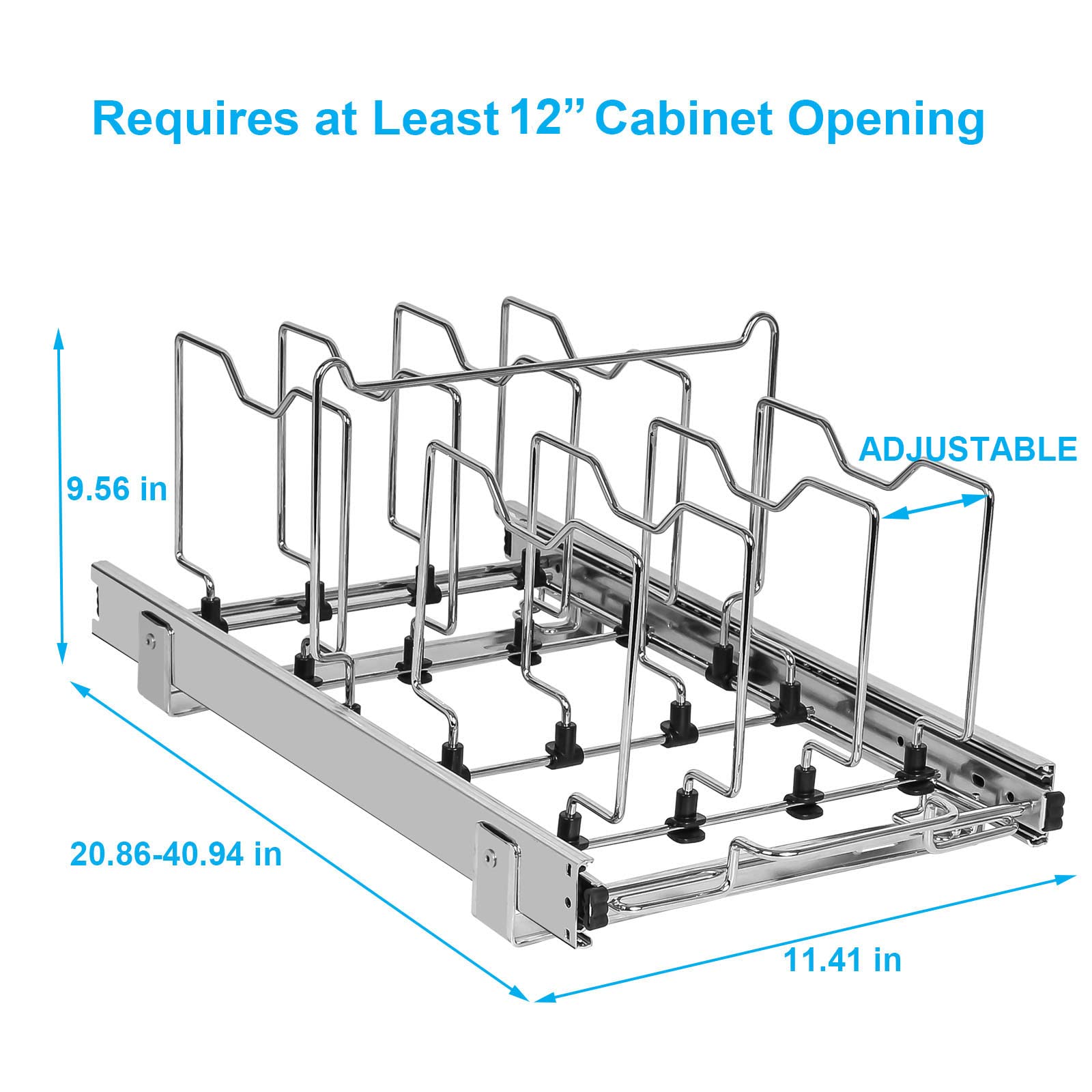 BBLHOME Pan and Pot Lid Pull Out Organizer,Cabinet Under Sliding Shelf with Adjustable Dividers,Cookware Organizer Rack for Kitchen,Pantry,11" W x 21" D x 9" H with Water Tray,Chrome