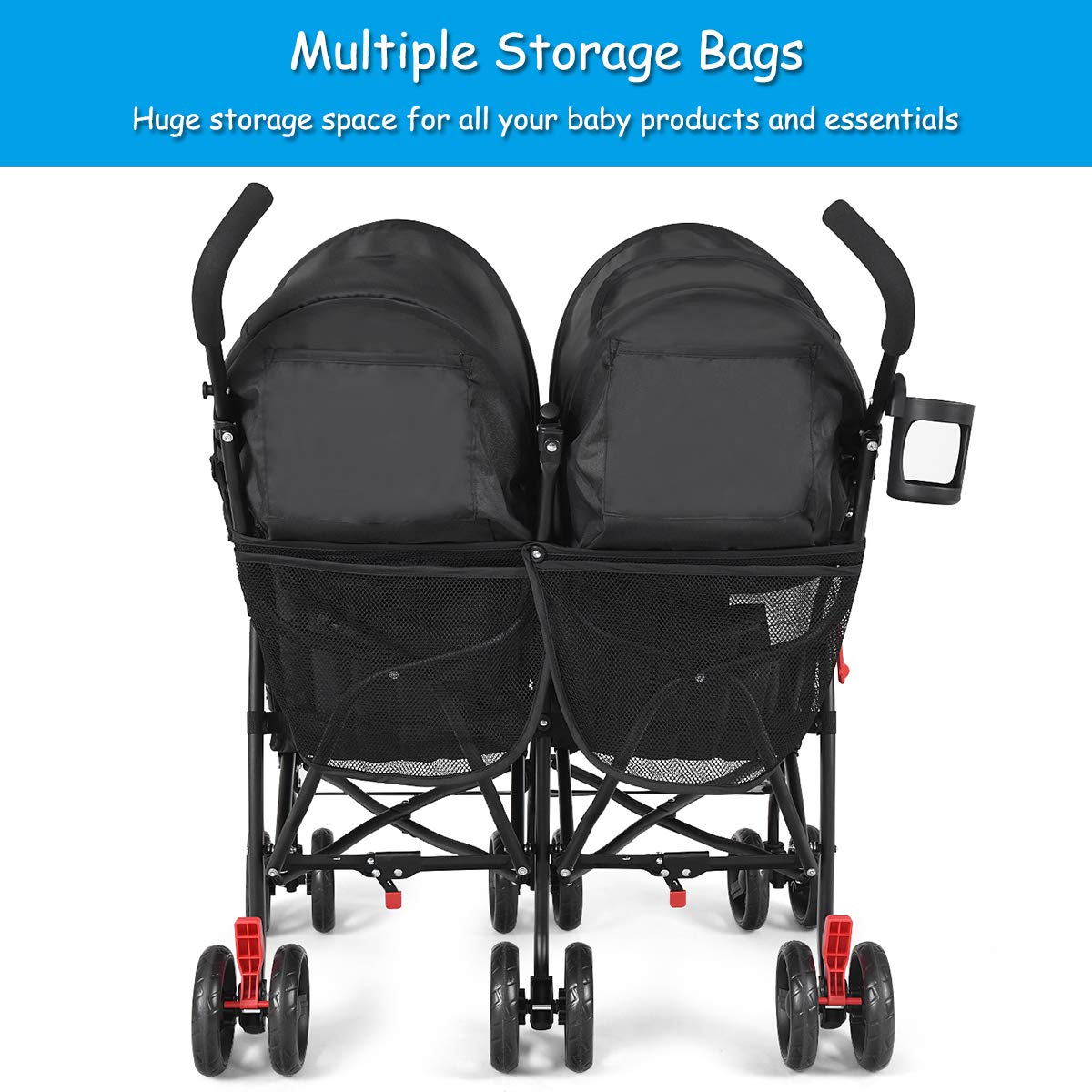 BABY JOY Double Light-Weight Stroller, Travel Foldable Design, Twin Umbrella Stroller with 5-Point Harness, Cup Holder, Sun Canopy for Baby, Toddlers (Black)