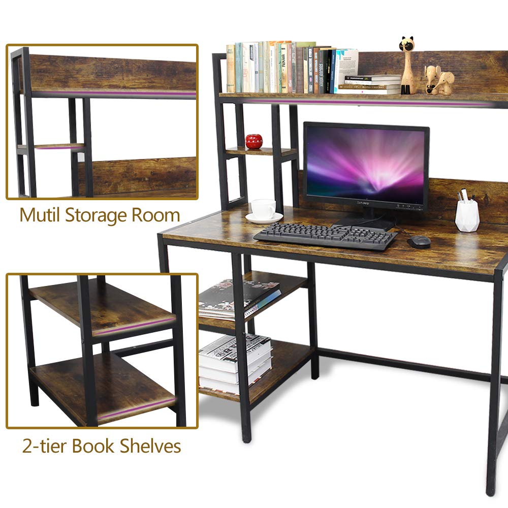 Bizzoelife Computer Desk with Hutch and 2-Tier Bookshelf,47 Inches Modern Writing Study Desk with Storage Shelf for Small Space, PC Laptop Table Workstation for Home Office to Saving Space(Rustic) …