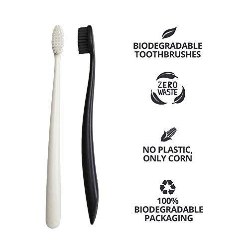 The Natural Family Co. Bio Toothbrush, Soft Nylon Bristles with Non GMO Cornstarch Handles, Plastic Free Packaging and Ivory Desert and Pirate Black Twin Pack