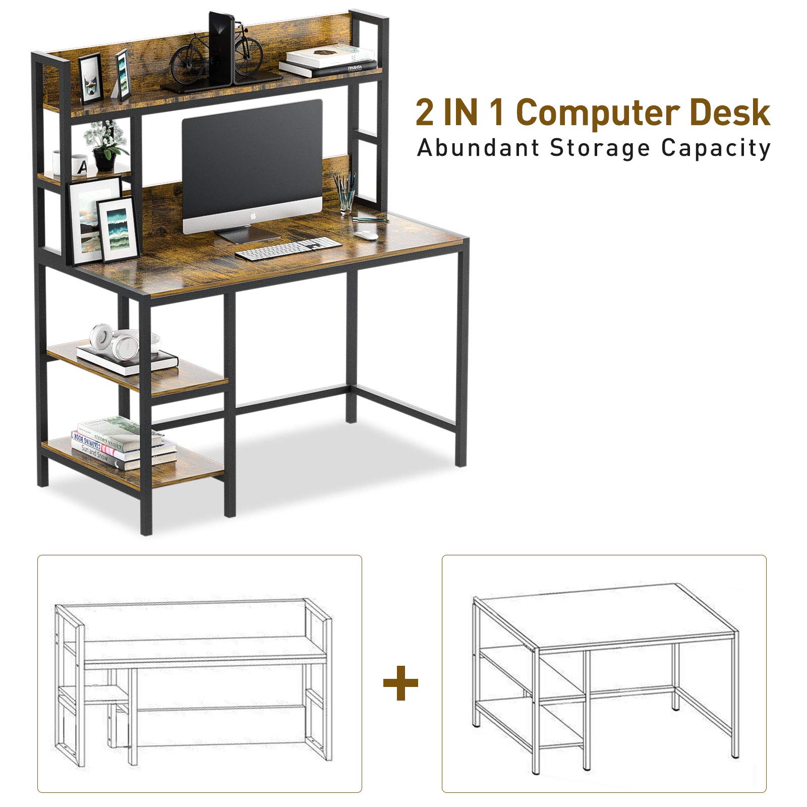 Bizzoelife Computer Writing Desk with Hutch and Bookshelf, Home Office Study Table & 2 Tier Storage Shelves Combo, 47inches Sturdy Wooden Vanity Desk for Kids and Student, Easy Assembly, Retro Brown
