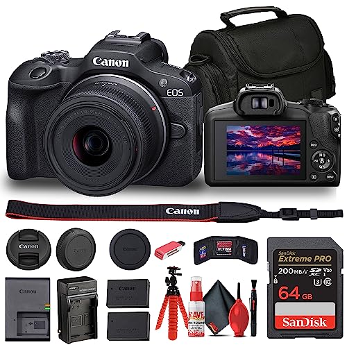 Canon EOS R100 Mirrorless Camera with 18-45mm Lens (6052C012) + Bag + 64GB Card + LPE17 Battery + Charger + Card Reader + Flex Tripod + Cleaning Kit + Memory Wallet (Renewed)