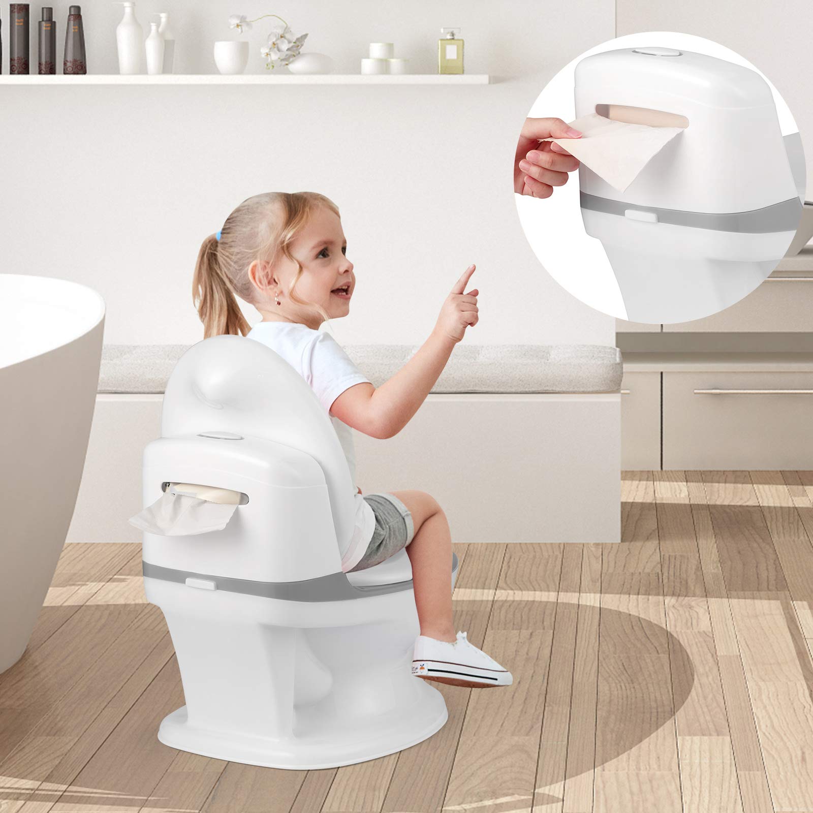 BABY JOY Realistic Potty Training Toilet, Potty Seat for Toddlers & Kids w/Flushing Sounds & Built-in Wipe Compartment, Splash Guard for Simple Cleaning, Ergonomic (Grey)