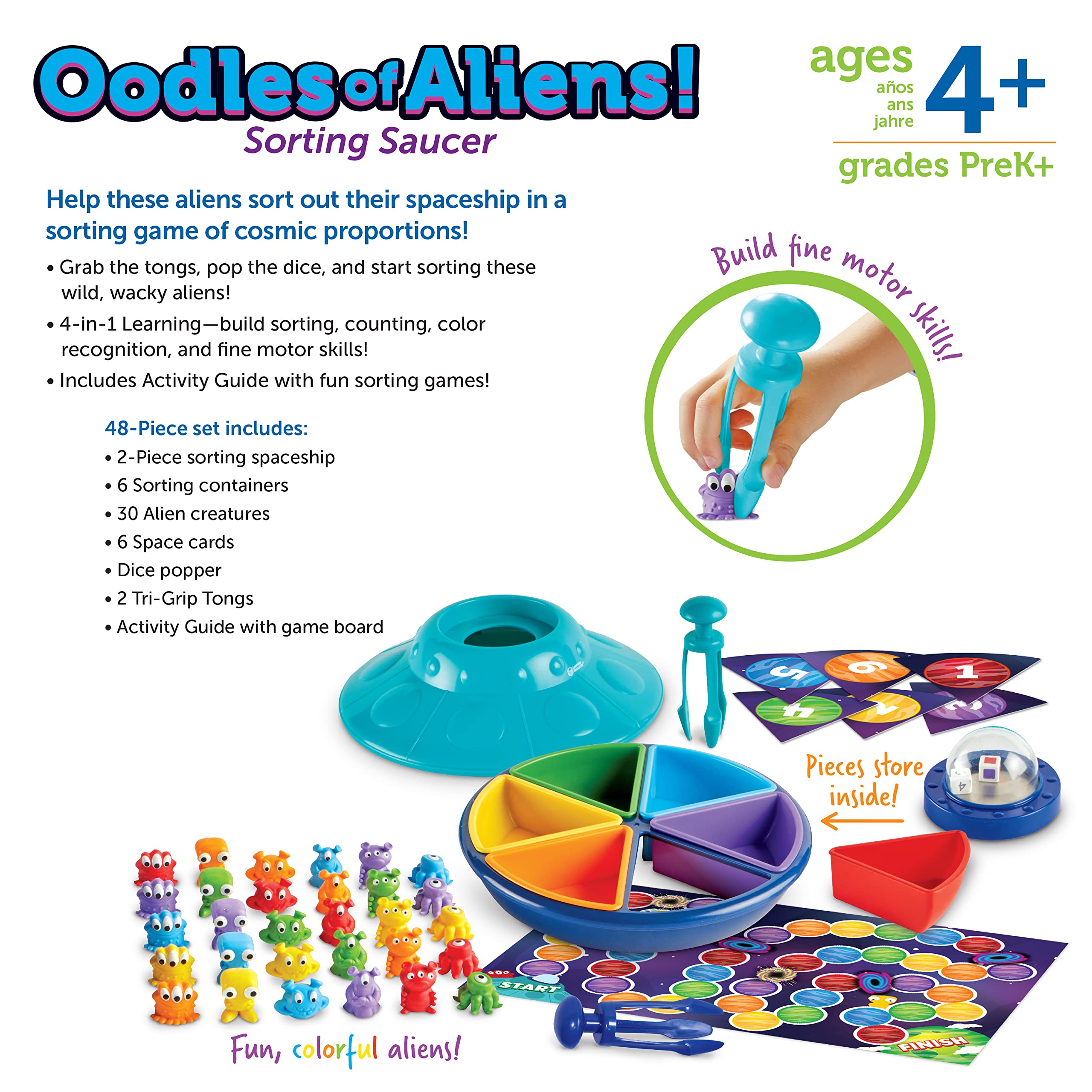 Learning Resources Oodles of Aliens Sorting Saucer, Fine Motor Skills, Counting and Sorting Toys, Preschool Games, Educational Toys, 48 Pieces, Ages 4+