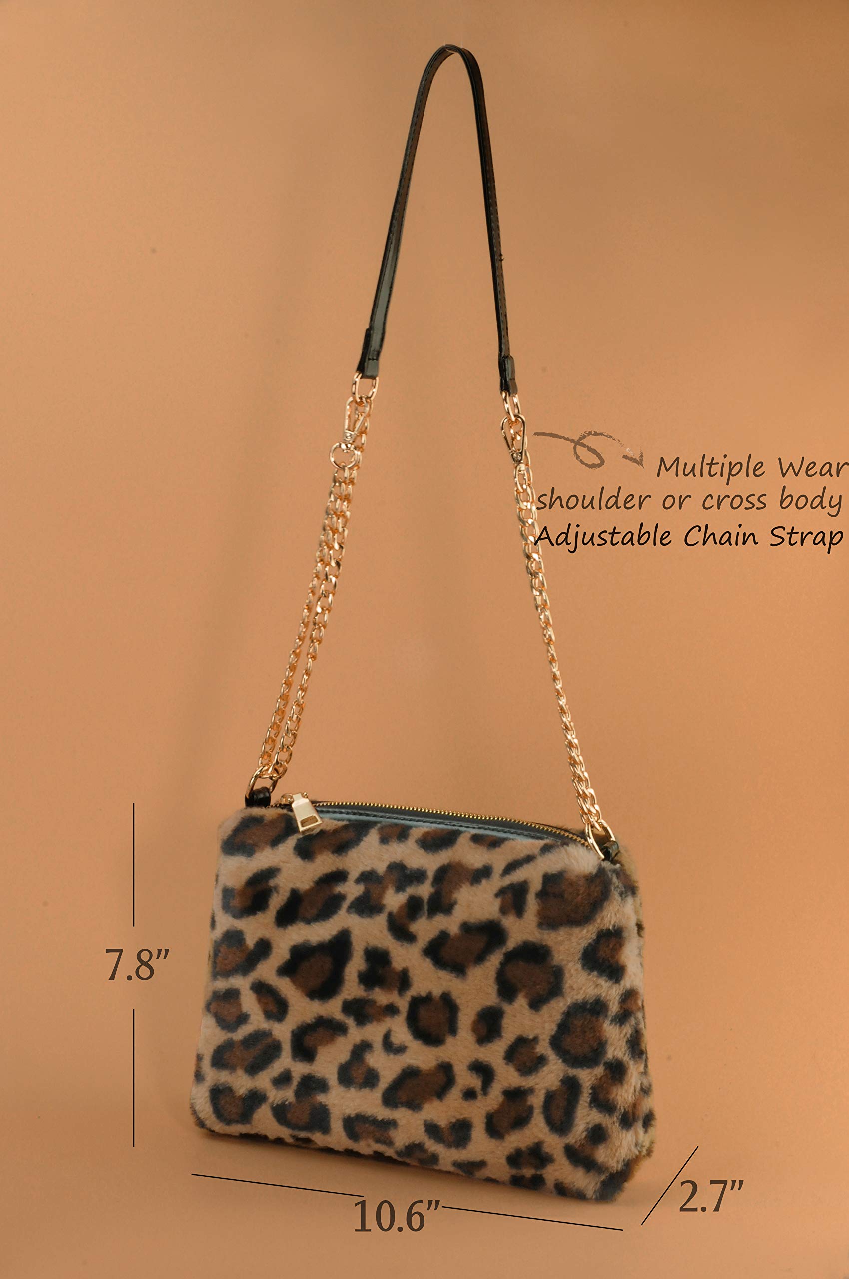 HOXIS Faux Fur Furry Crossbody Shoulder Handbag Clutch Purse(Leopard print)