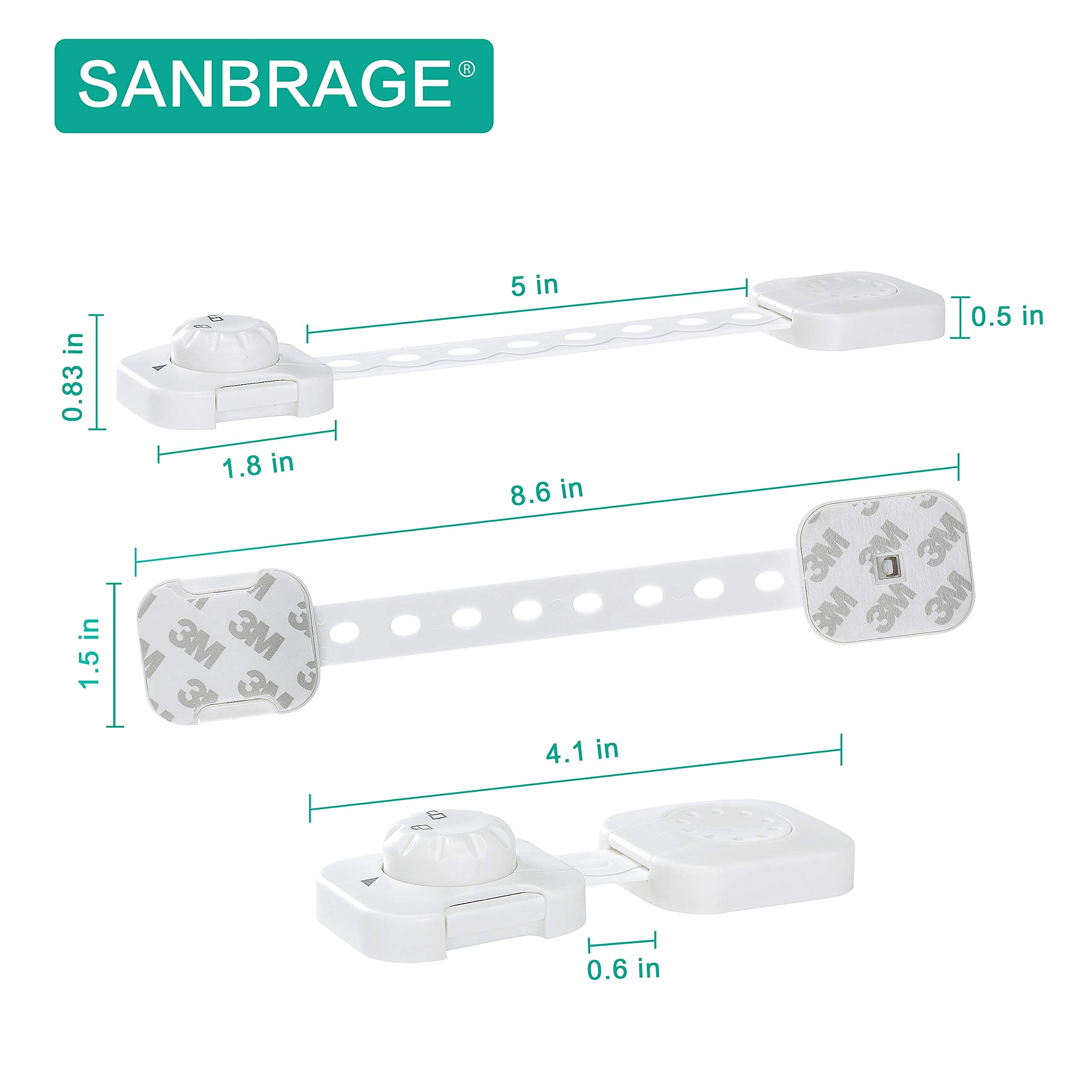 Baby Safety Locks (White, 6 Pack) for Drawers, Cabinets, Fridge, Oven and Toilet, Adjustable Strap Length, 3M Adhesive and Double Locking Protection, SANBRAGE Baby