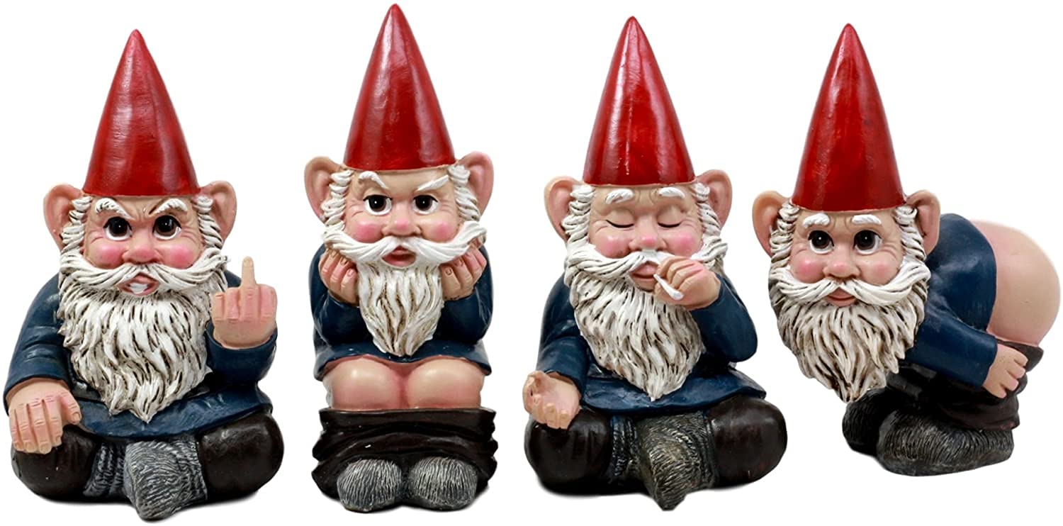 Ebros 4" Tall Badass Naughty Magical Gnome Mooning Figurines Collectible Set of 4 Whimsical Dwarf Gnomes Dwarves Fairy Garden Accessory Decors