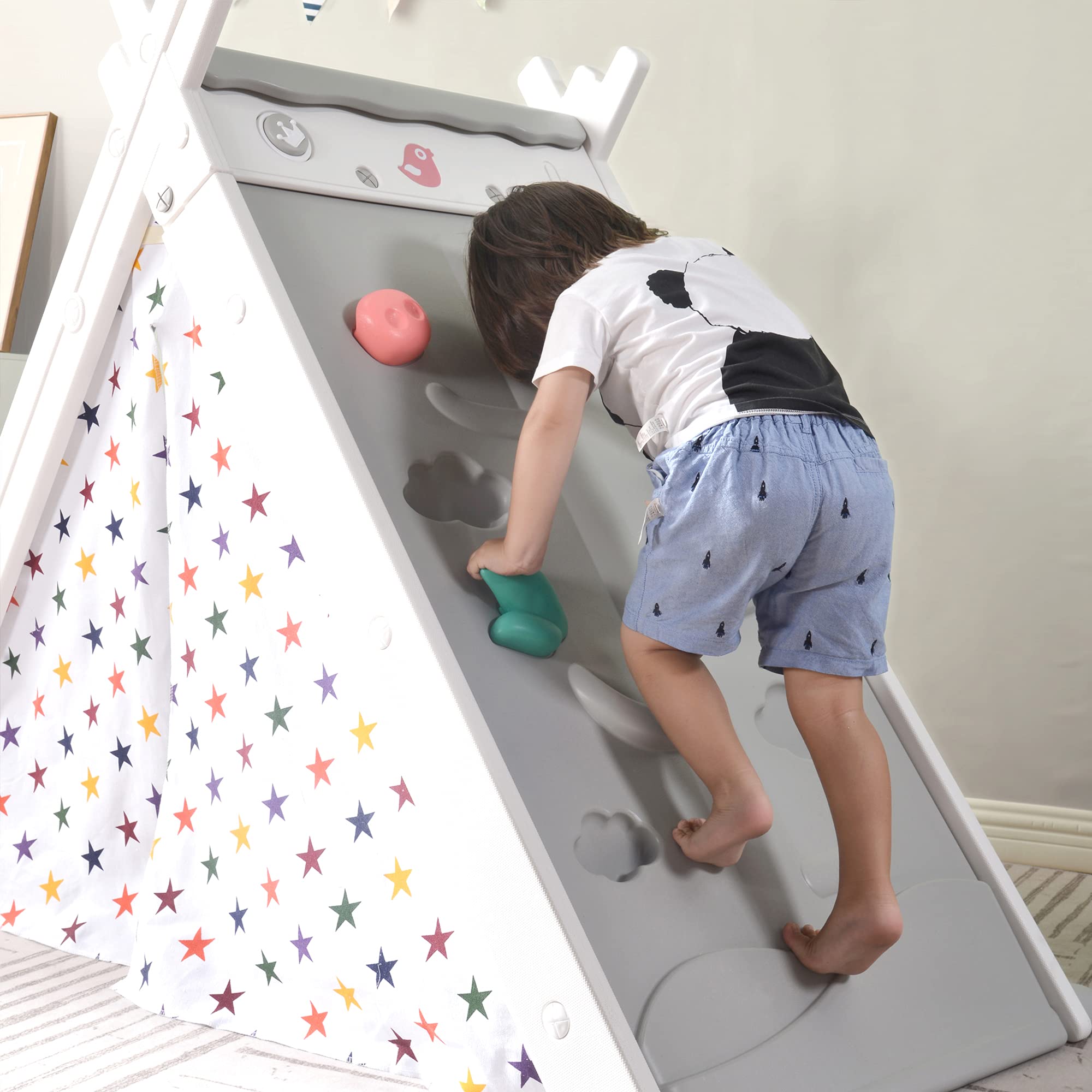 Merax Foldable Triangle Climber, 4-in-1 Kids Hideaway Play Tent with Art Easel, Stool for Toddlers, Climbing Triangle Crawling Tunnel Toy Activity Play Set (White)