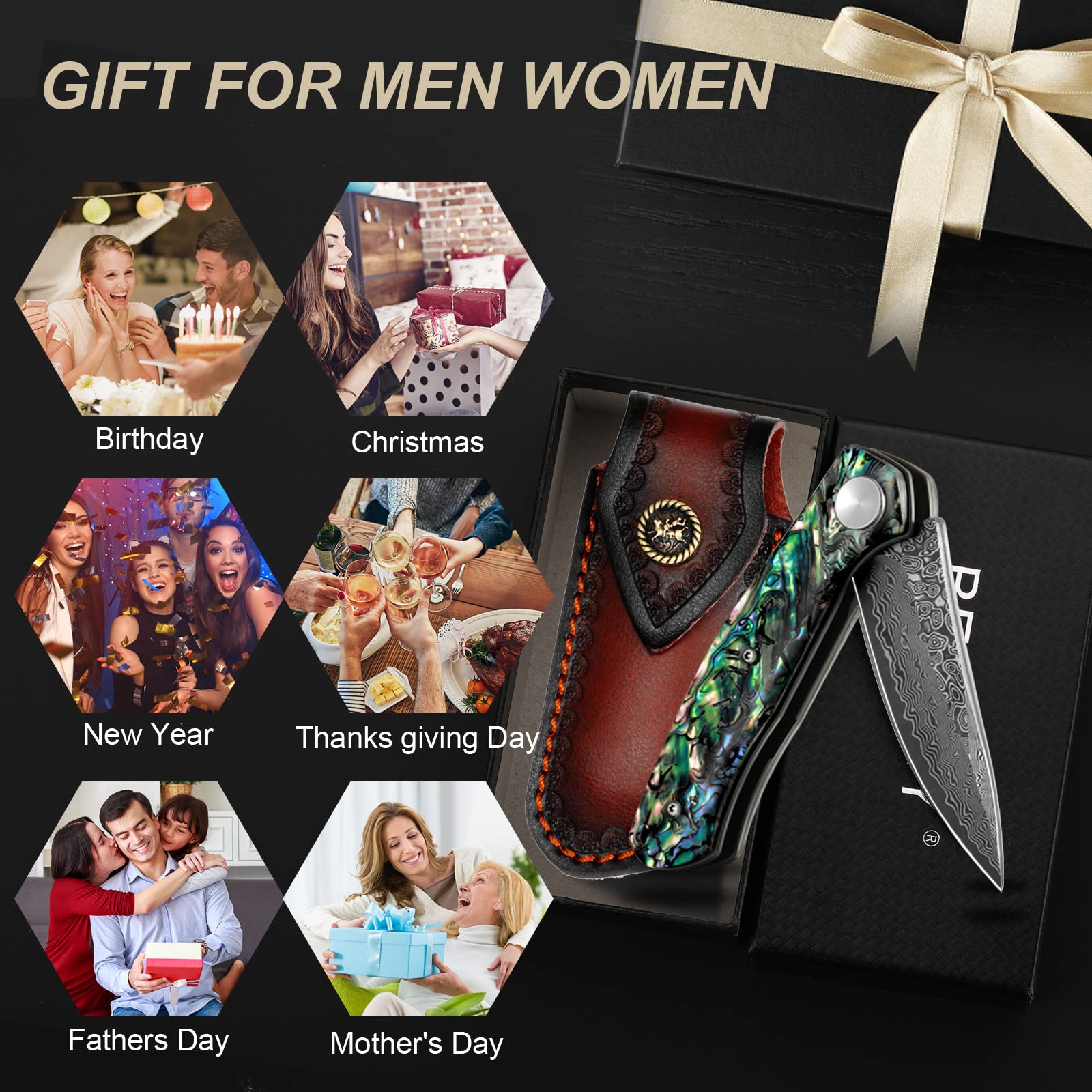 Benkey VG10 Damascus Abalone Seashells Pocket Knife and VG10 Damascus Camping Pocket Knife Bundles