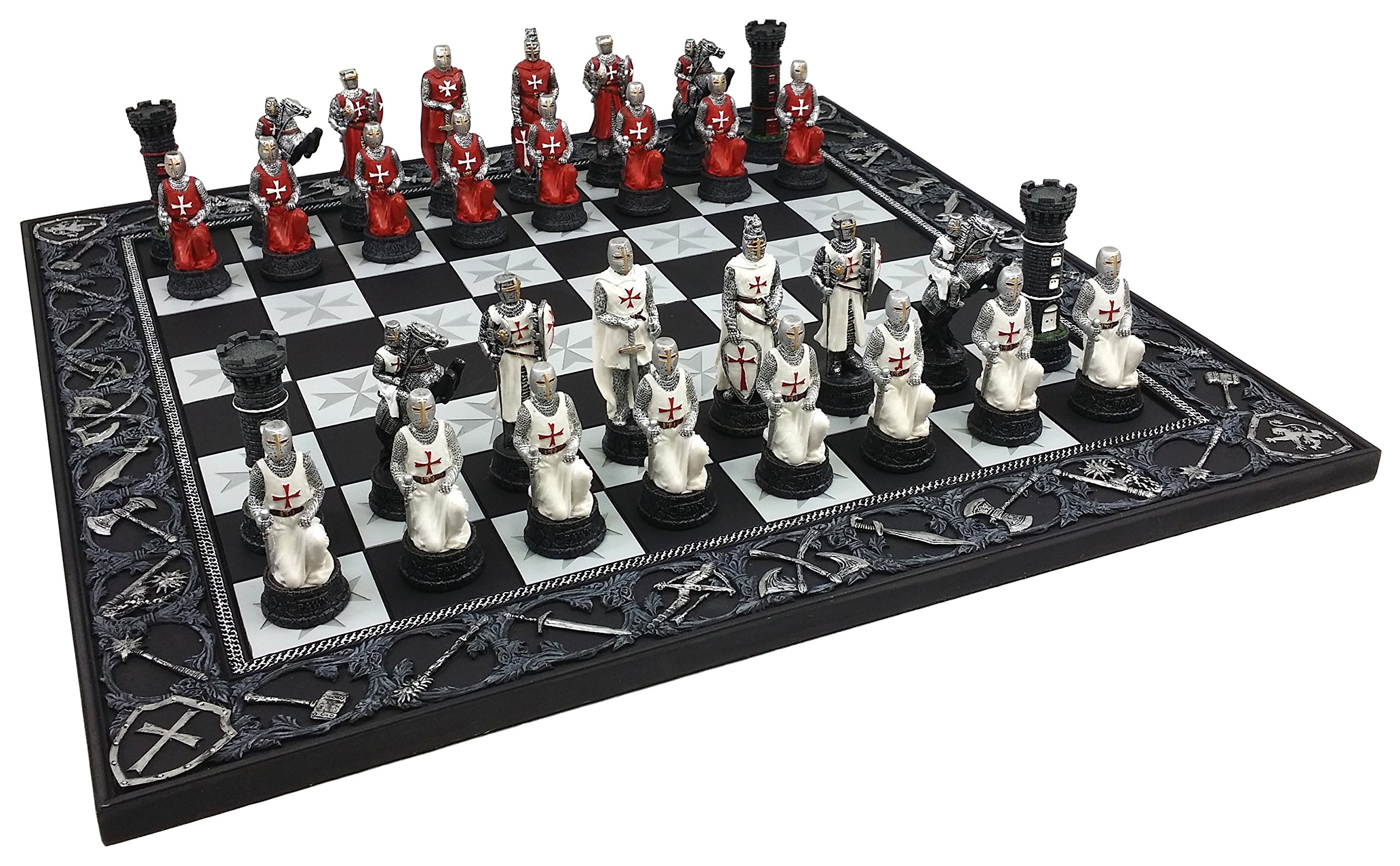 HPL Medieval Times Crusades Red and White Armored Maltese Knights Chess Set with 17" Board