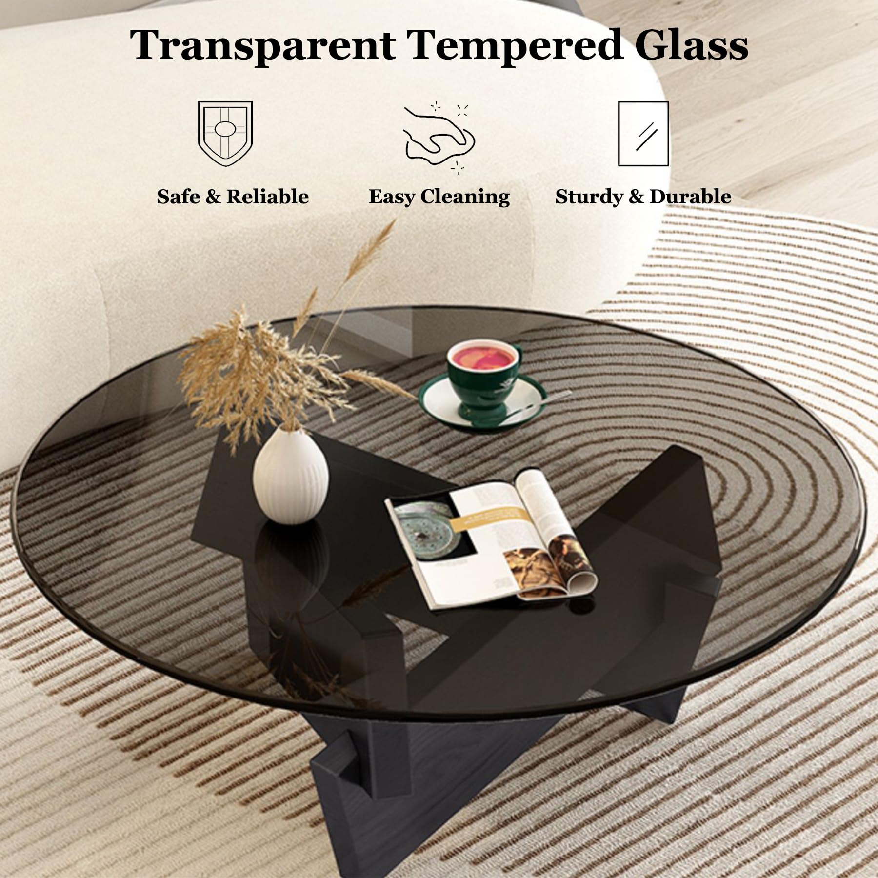 Coffee Table, Round Coffee Table for Living Room Modern Glass Coffee Table with Solid Wood Legs Farmhouse Mid Century Center Table Large Circle Cocktail Table (Black + Brown, 31.5in)