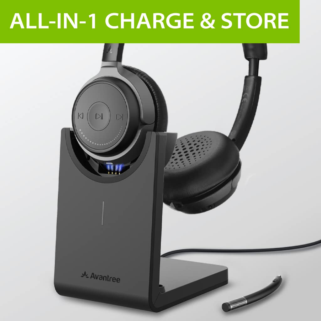 Avantree Alto Clair aptX HD Bluetooth 5.0 Headset with Microphone, Mute Function, Clear Talking, Hi-Fi Music, Low Latency, Wireless Headphones with Charging Base for Computer, PC, Laptop, Skype, TV