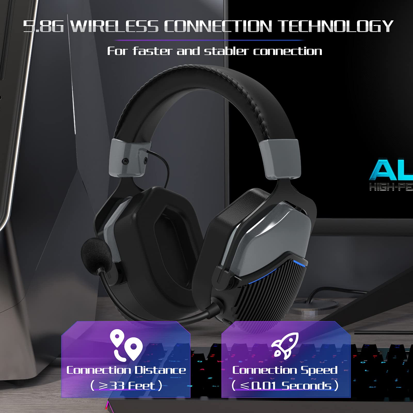 BEAVIIOO 5.8G Wireless Gaming Headset for PS4/PS5/PC/Switch, Stable Lossless Gaming Headphones, USB Dongle with Ultra Comfortable Immersive Air Ear Cushions and Noise Cancelling Microphone Black